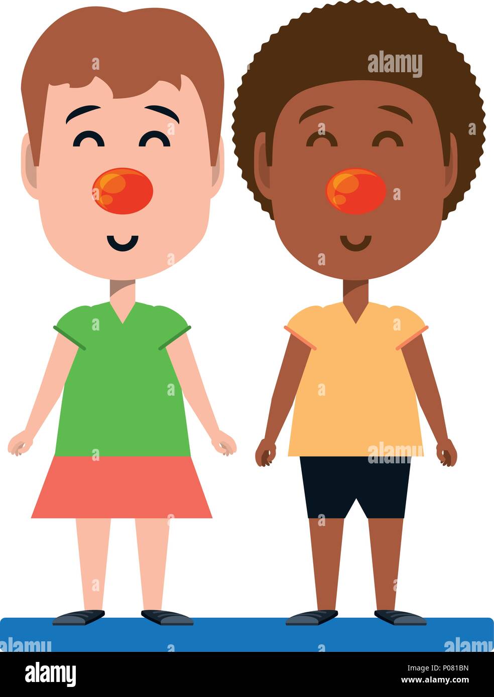 Happy girl and boy with red nose over white background, vector ...