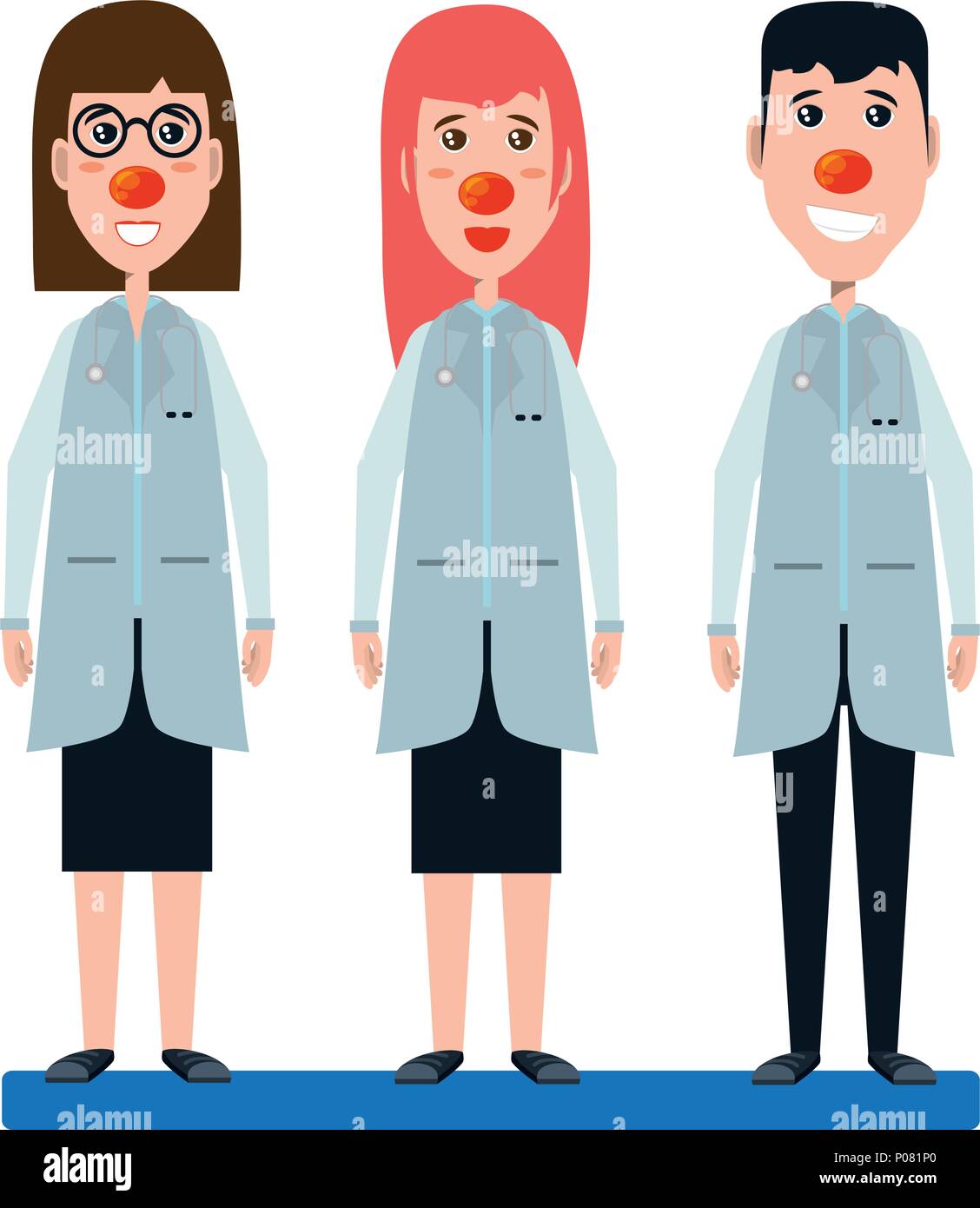 Cartoon happy doctors with red noses over white background, vector ...
