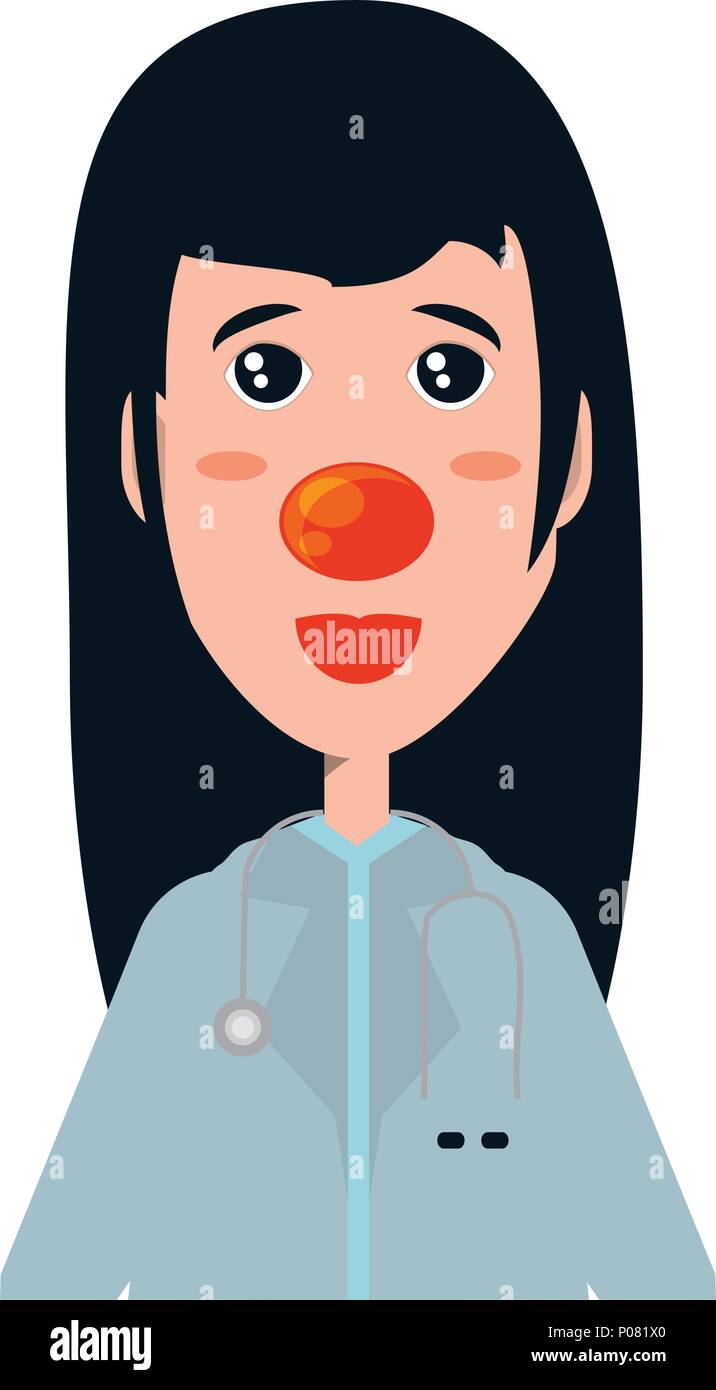 Cartoon woman doctor with a red clown smiling over white background ...