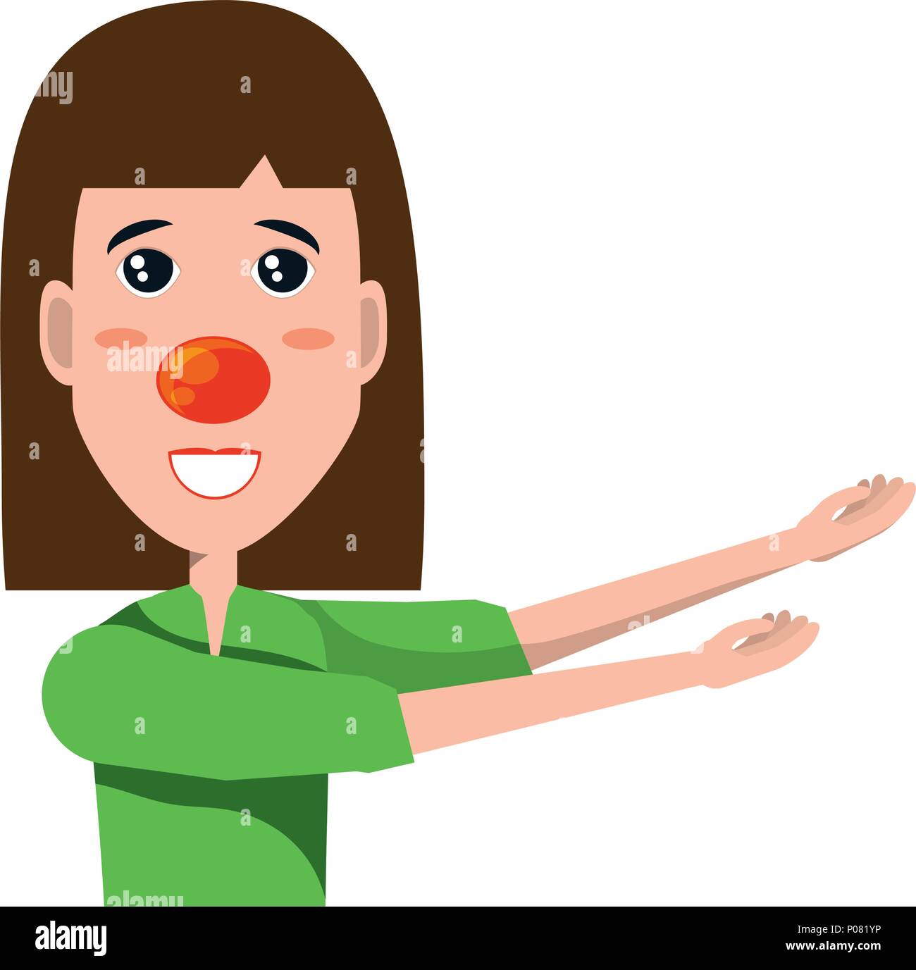 cartoon happy woman with red nose pointing to the side over white ...