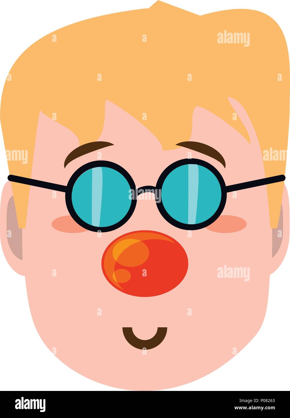 Cartoon boy with sunglasses and clown nose over white background ...