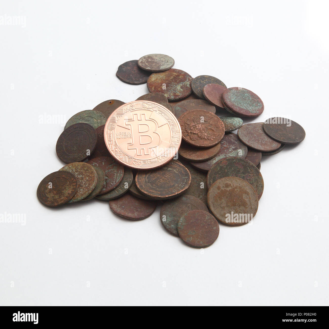 Coin bitcoin on old Russian coins Stock Photo - Alamy
