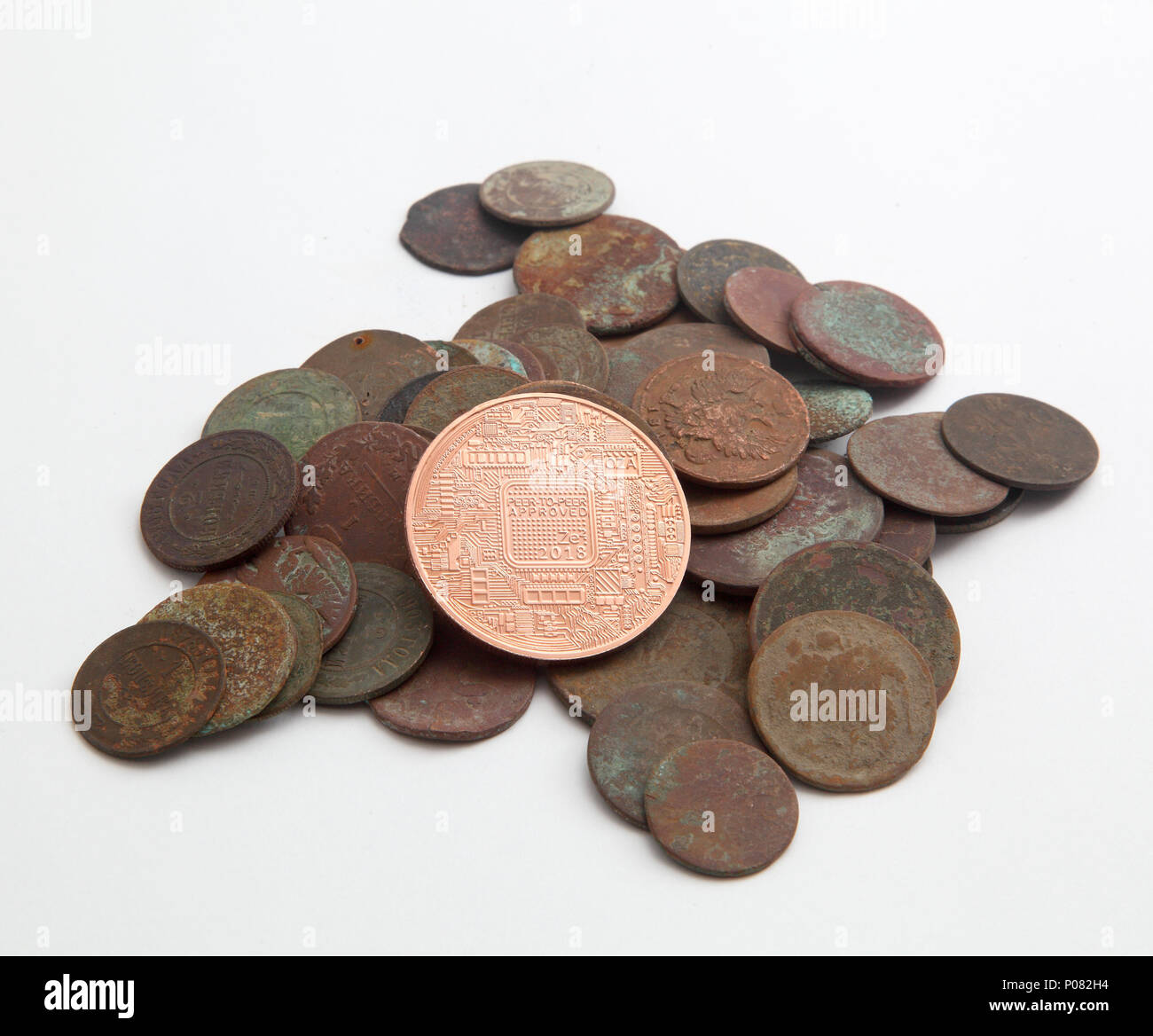Coin bitcoin on old Russian coins Stock Photo - Alamy
