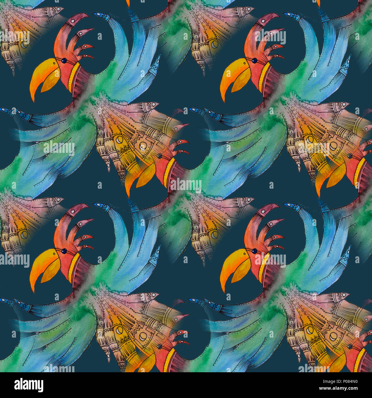 Watercolor style illustration of magic colorful bird pattern Stock ...