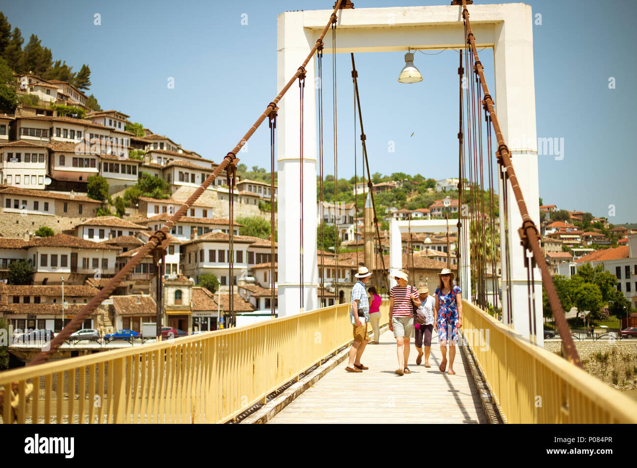 BERAT, ALBANIA - June 2018: Tourists passing modern bridge in ...