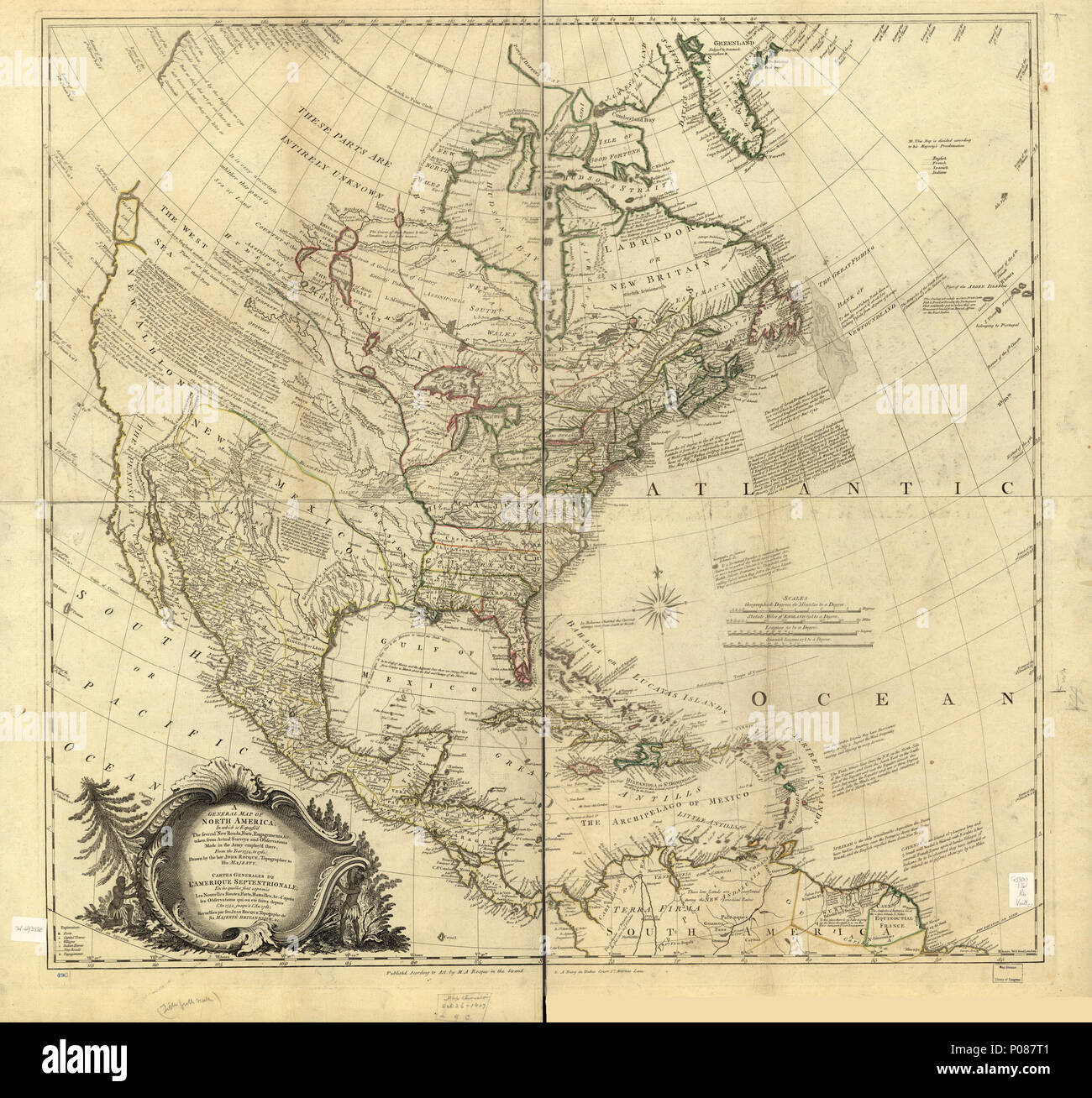 Map north america 1750 1789 hand colored scale 1 hi-res stock ...