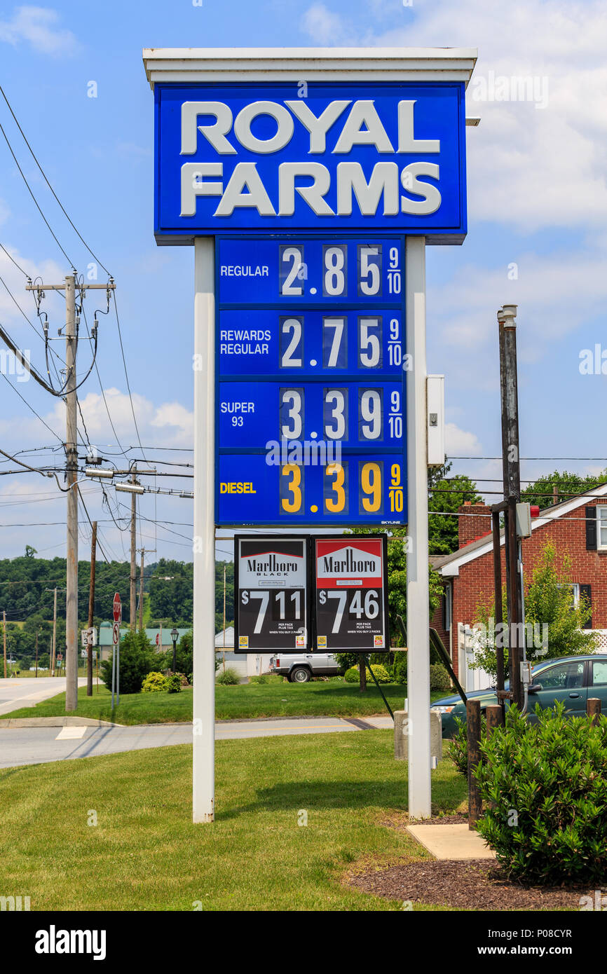 Wrightsville, PA, USA - June 7, 2018: Fuel price sign at a Royal Farms ...