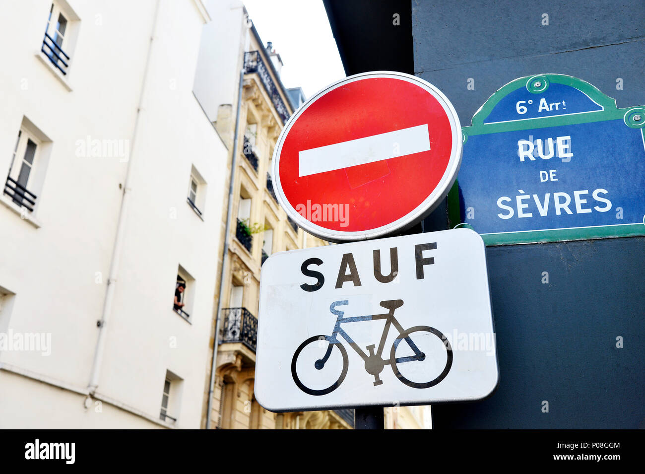 One way sign except bicycles - Paris - France Stock Photo - Alamy