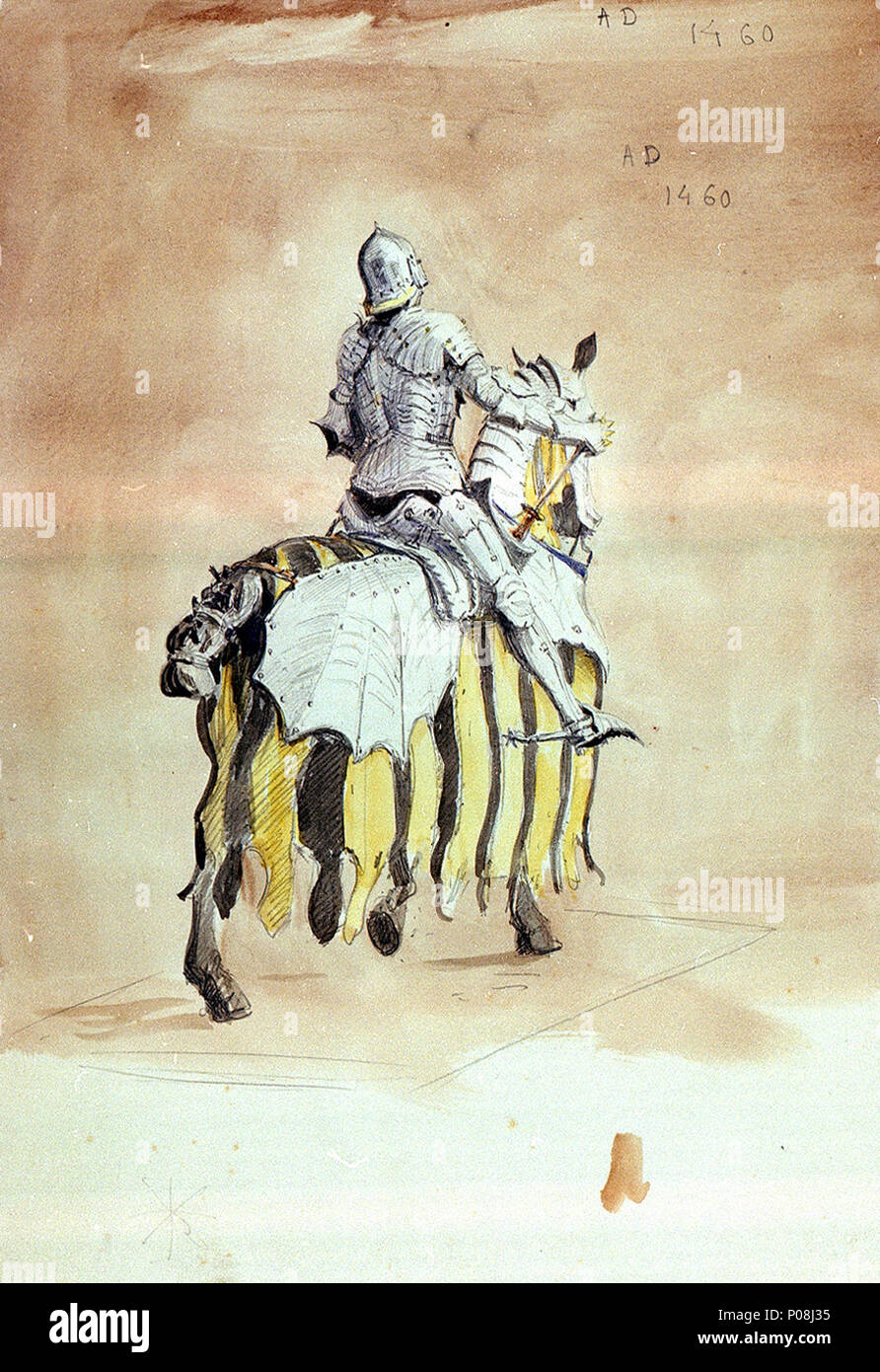 . English: A knight in armour on a charger dated 1460 Medium includes ...