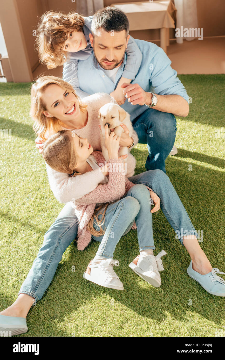 happy young family with labrador puppy on yard of cardboard house Stock ...