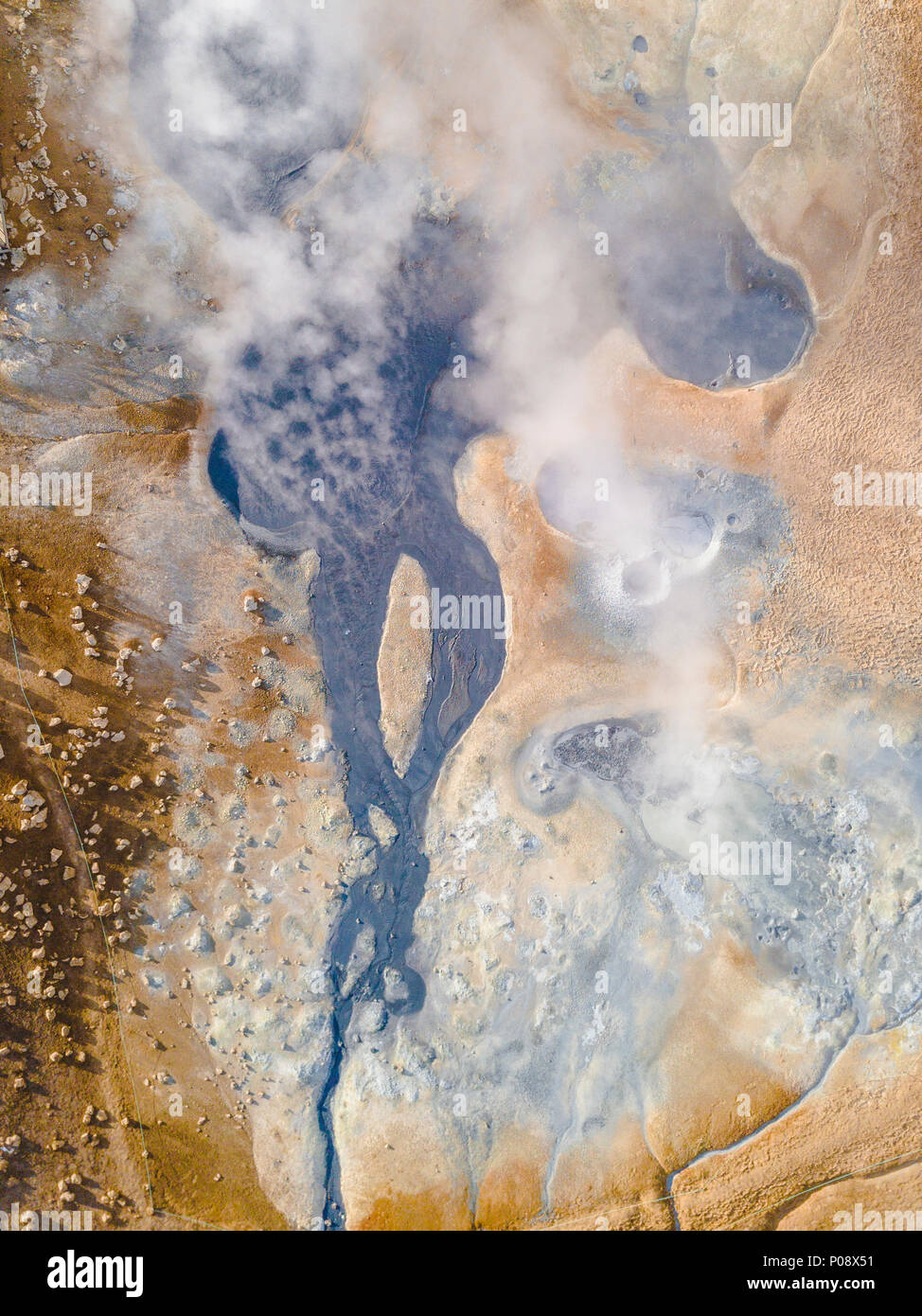 Aerial view, steaming river and fumaroles, geothermal area Hverarönd ...