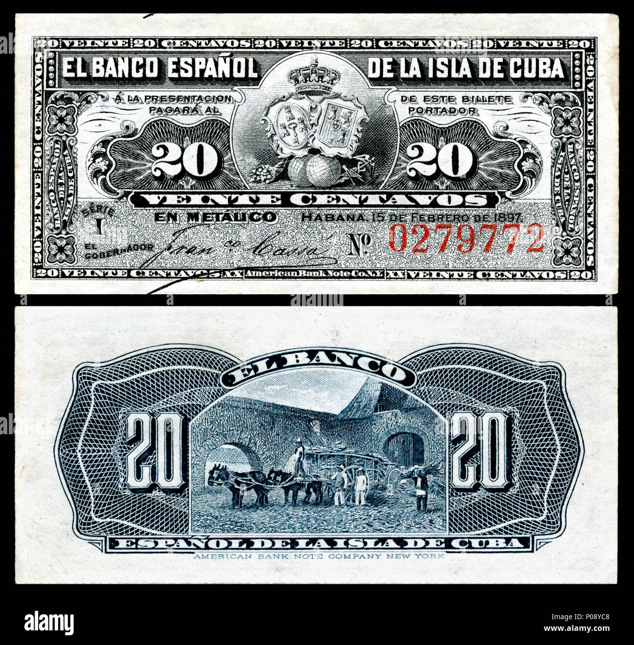 . English: El Banco Espanol de la Isla de Cuba, 20 Centavos (1897 ...