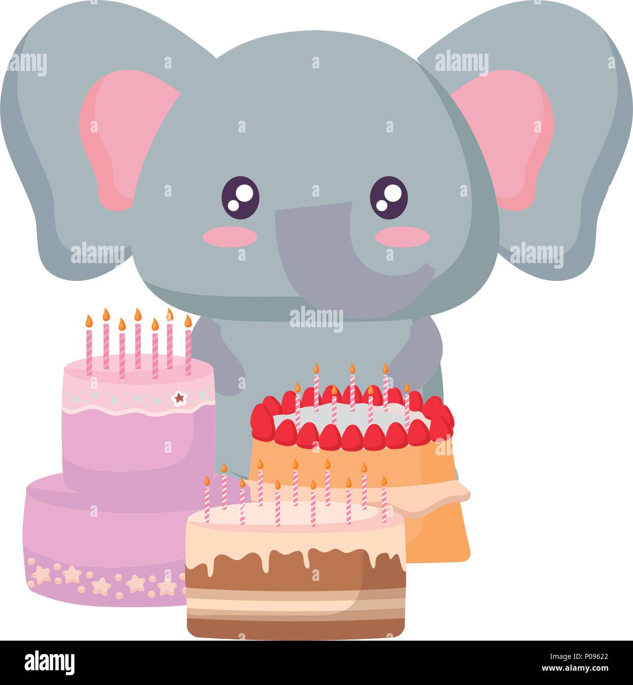 Cute elephant with birthday cakes over white background, vector ...