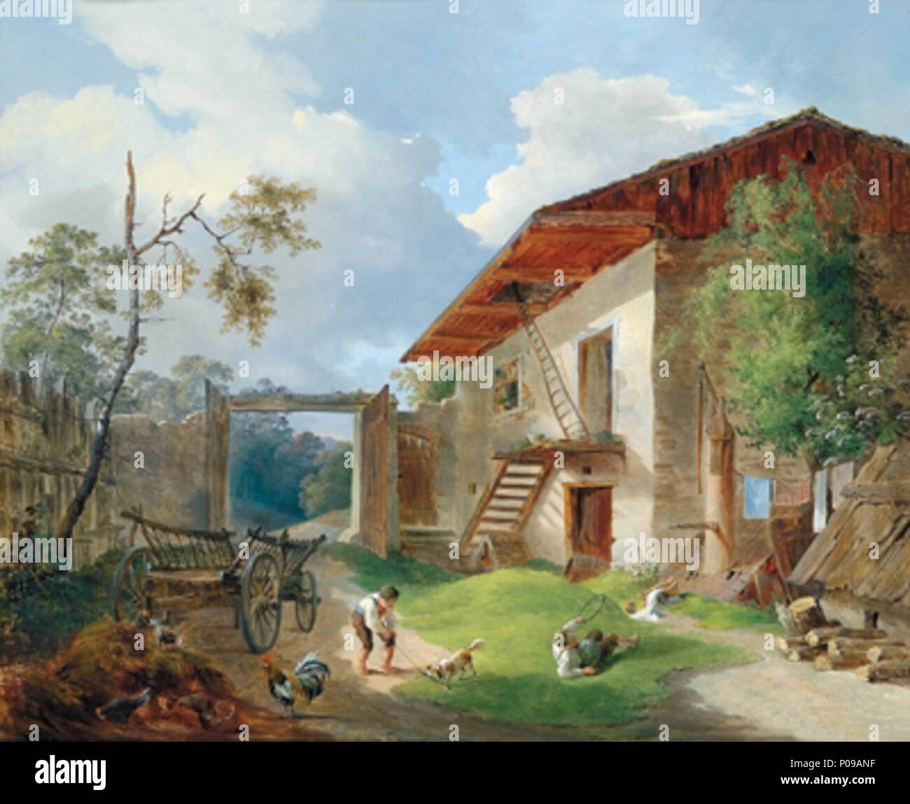 . German: Kinder vor einem Bauernhaus Children playing before a ...