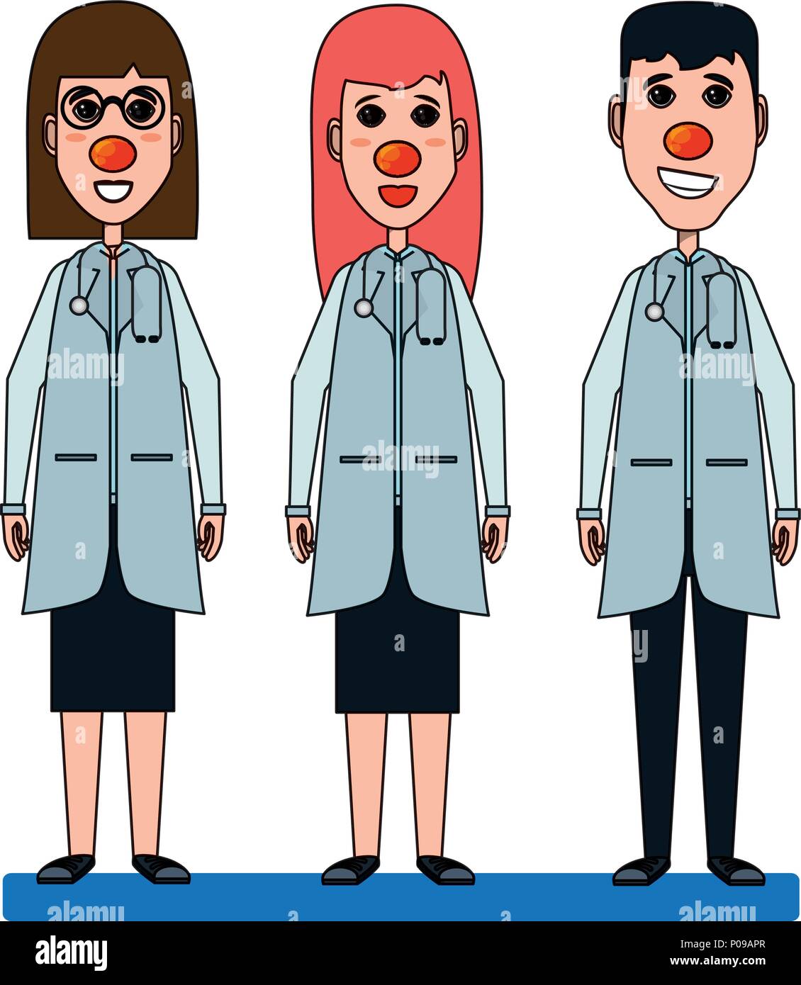 Cartoon happy doctors with red noses over white background, vector ...