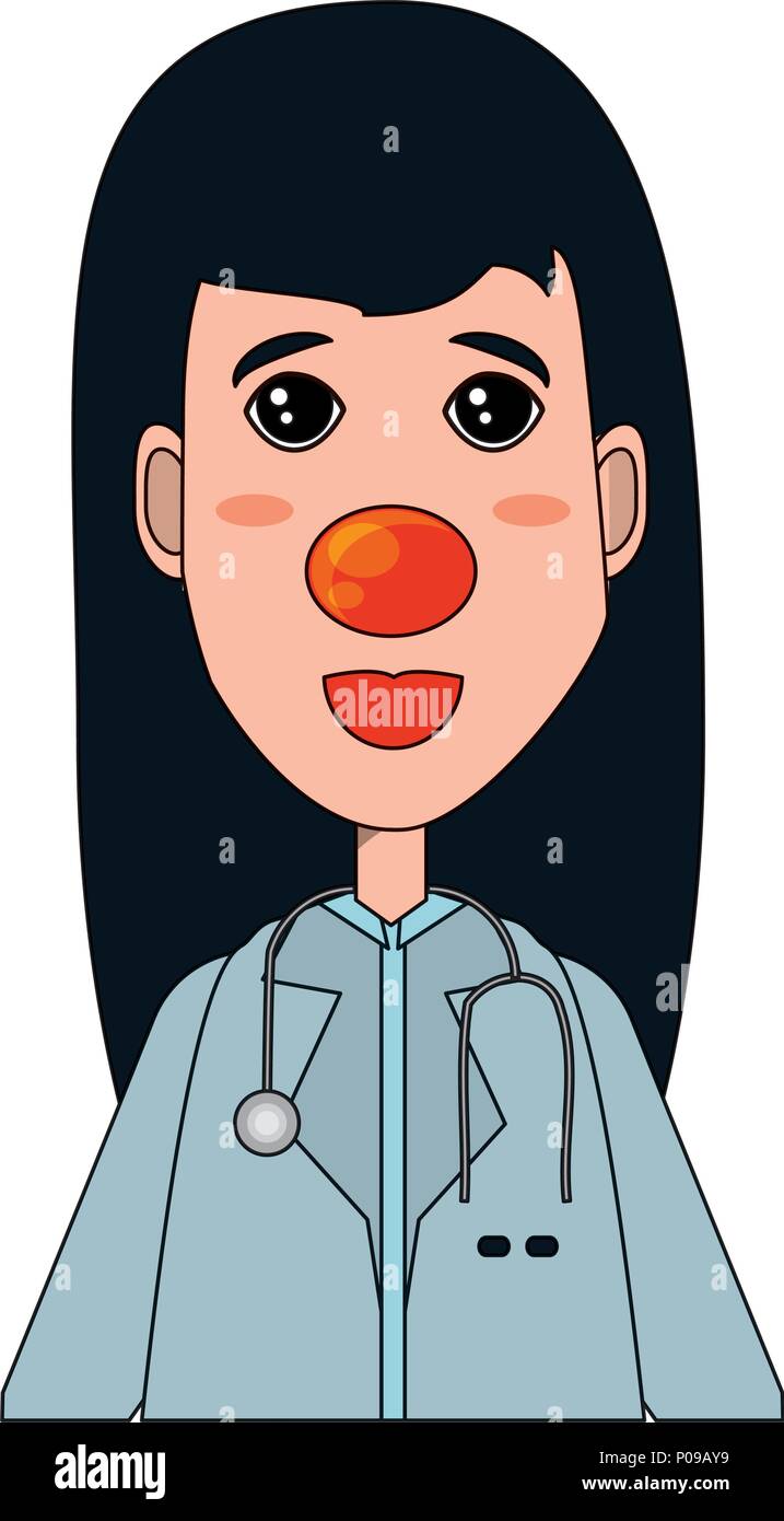 Cartoon woman doctor with a red clown smiling over white background ...