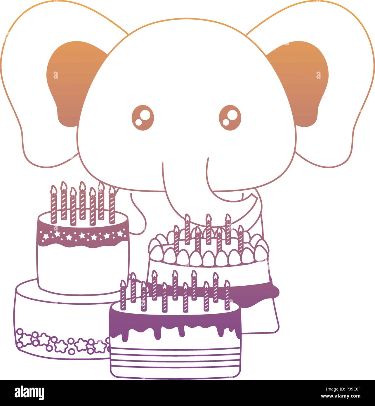 Cute elephant with birthday cakes over white background, vector ...