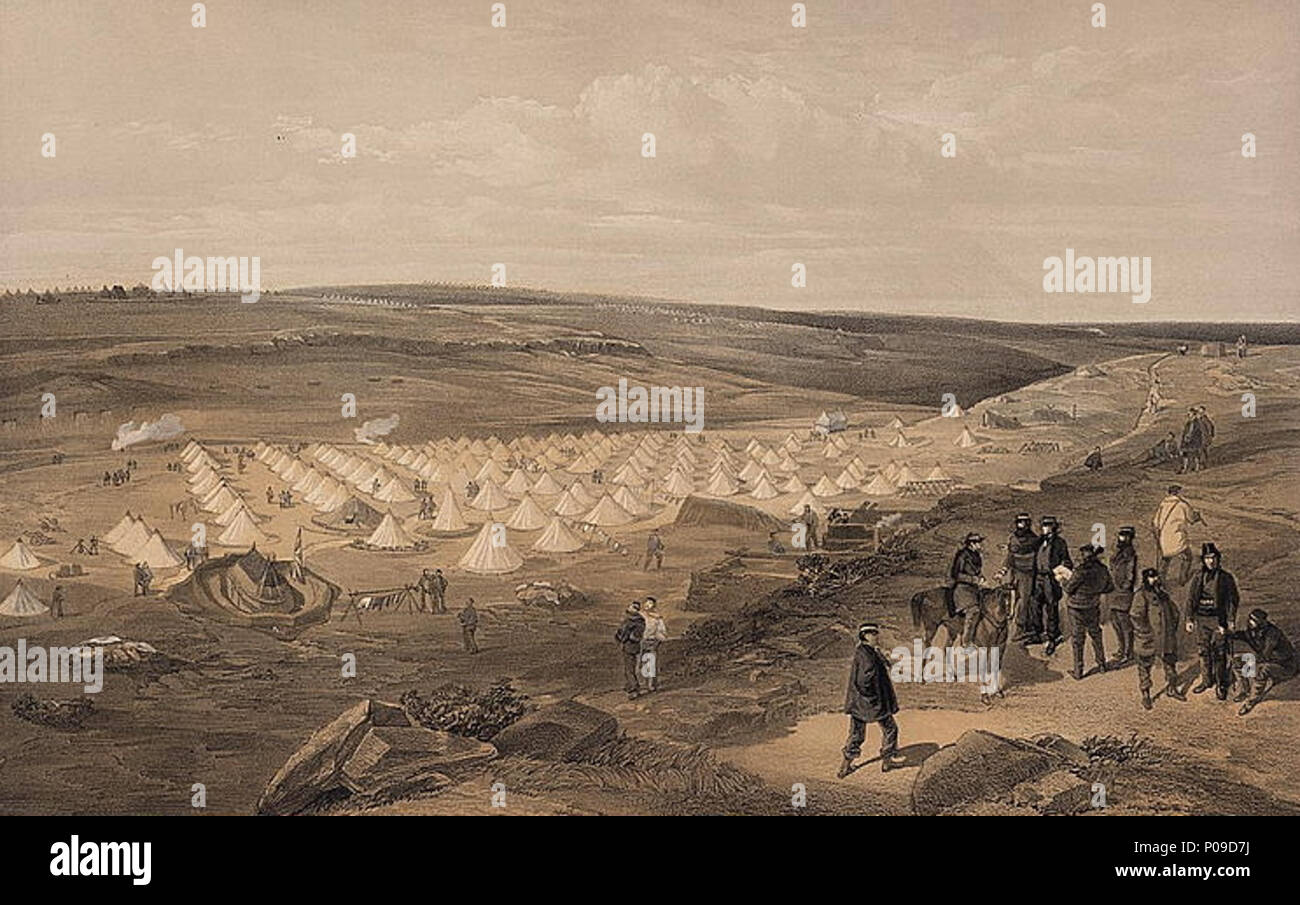 . English: Print shows bell tents at a British military camp and 'Mr ...