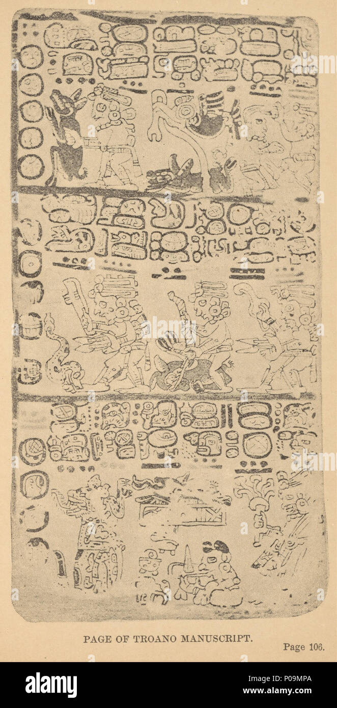 . Line illustration reproduction of page of pre-Columbian Maya codex ...