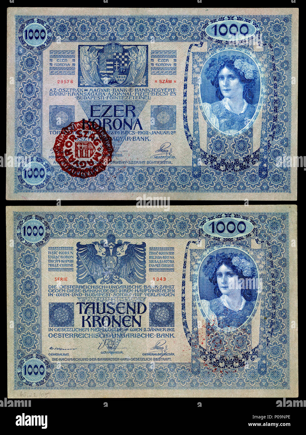 . English: Kingdom of Hungary, 1,000 korona, 1920 Provisional issue ...