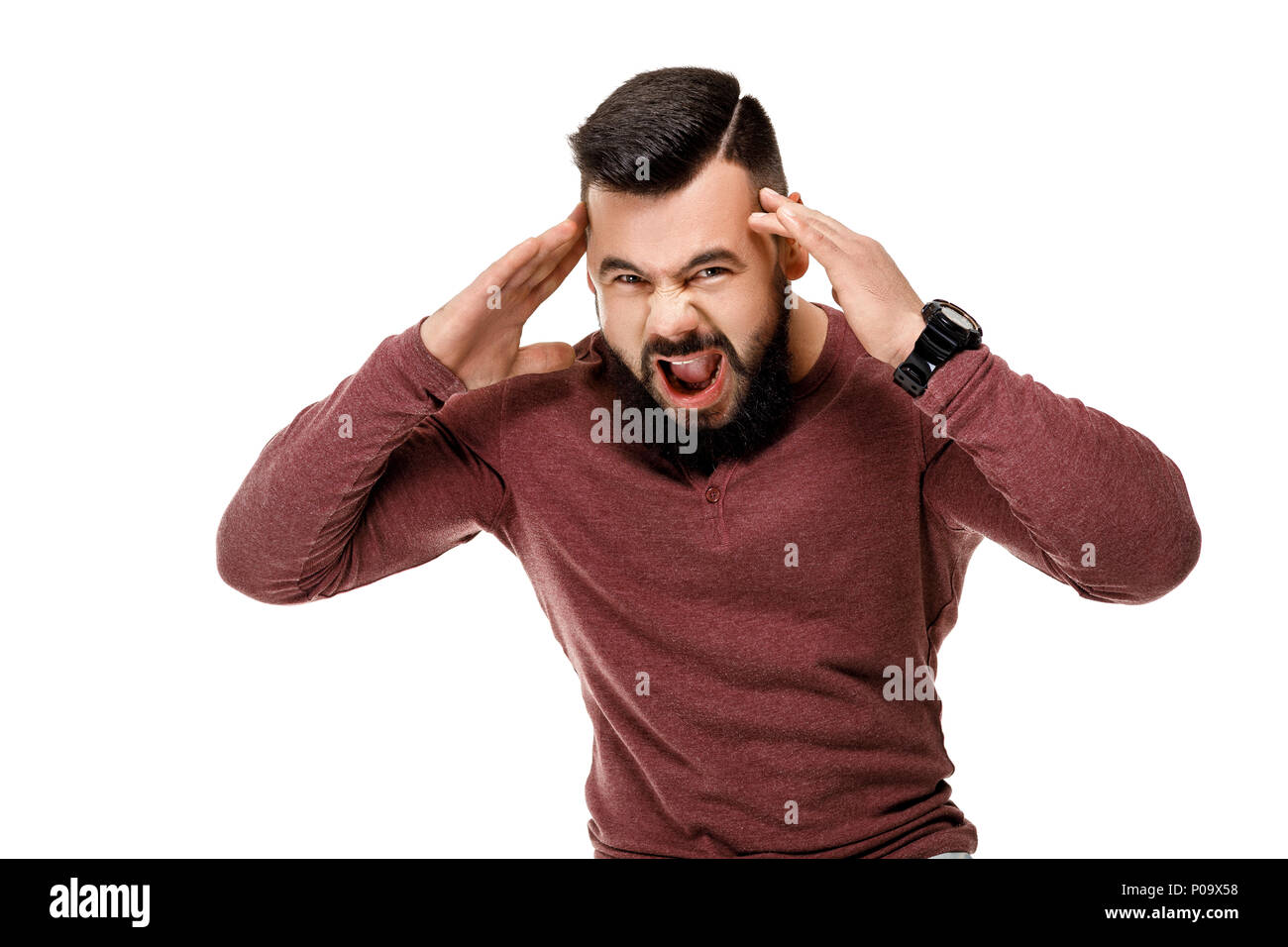 bearded man screaming on white background Stock Photo - Alamy