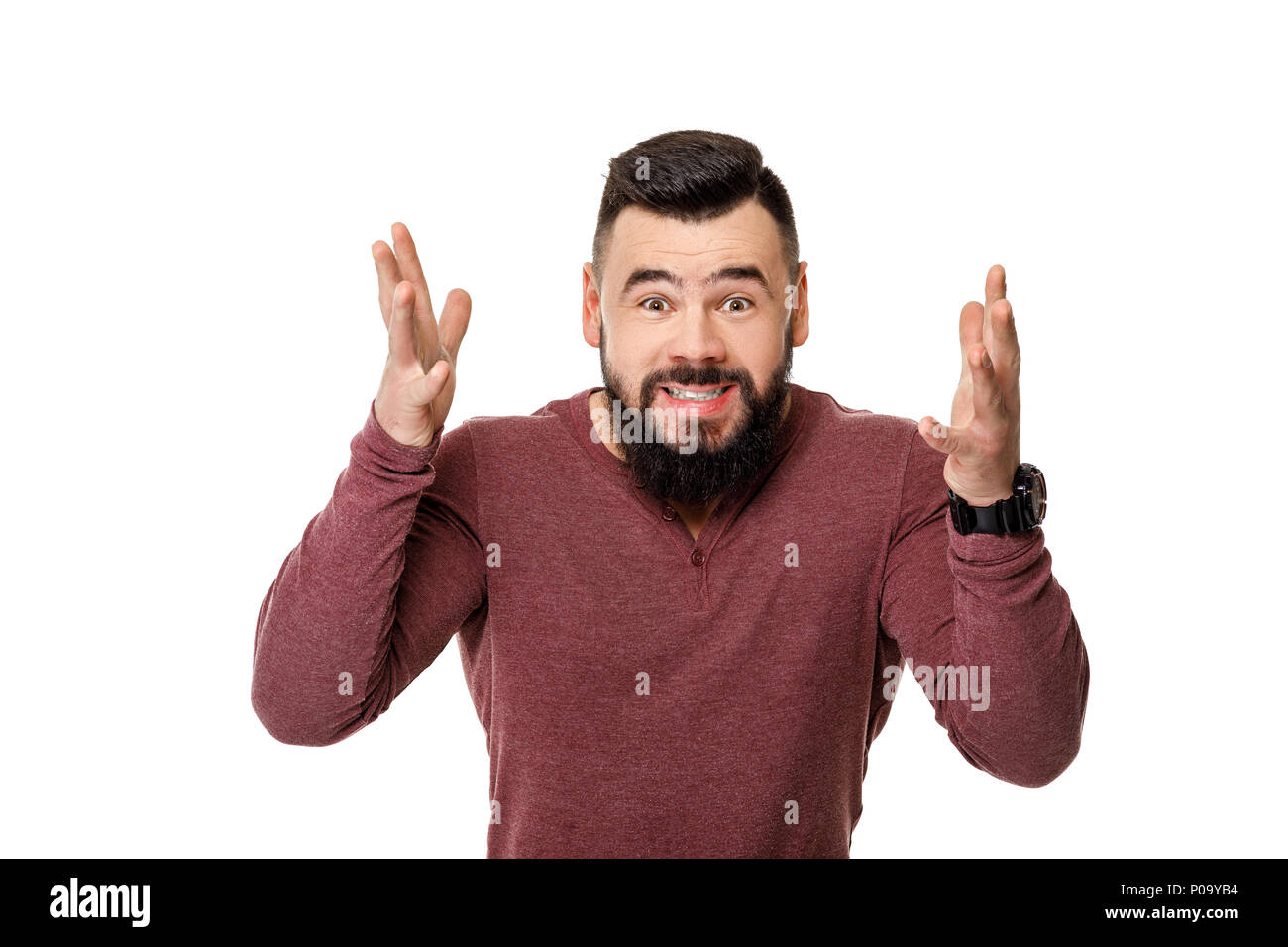 bearded football fan screaming on white background Stock Photo - Alamy