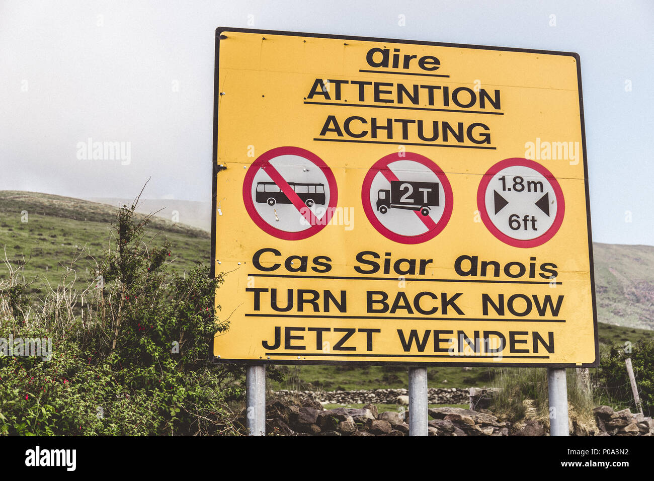 June 5th, 2018, Conor Pass, Ireland - warning sign for long and heavy ...