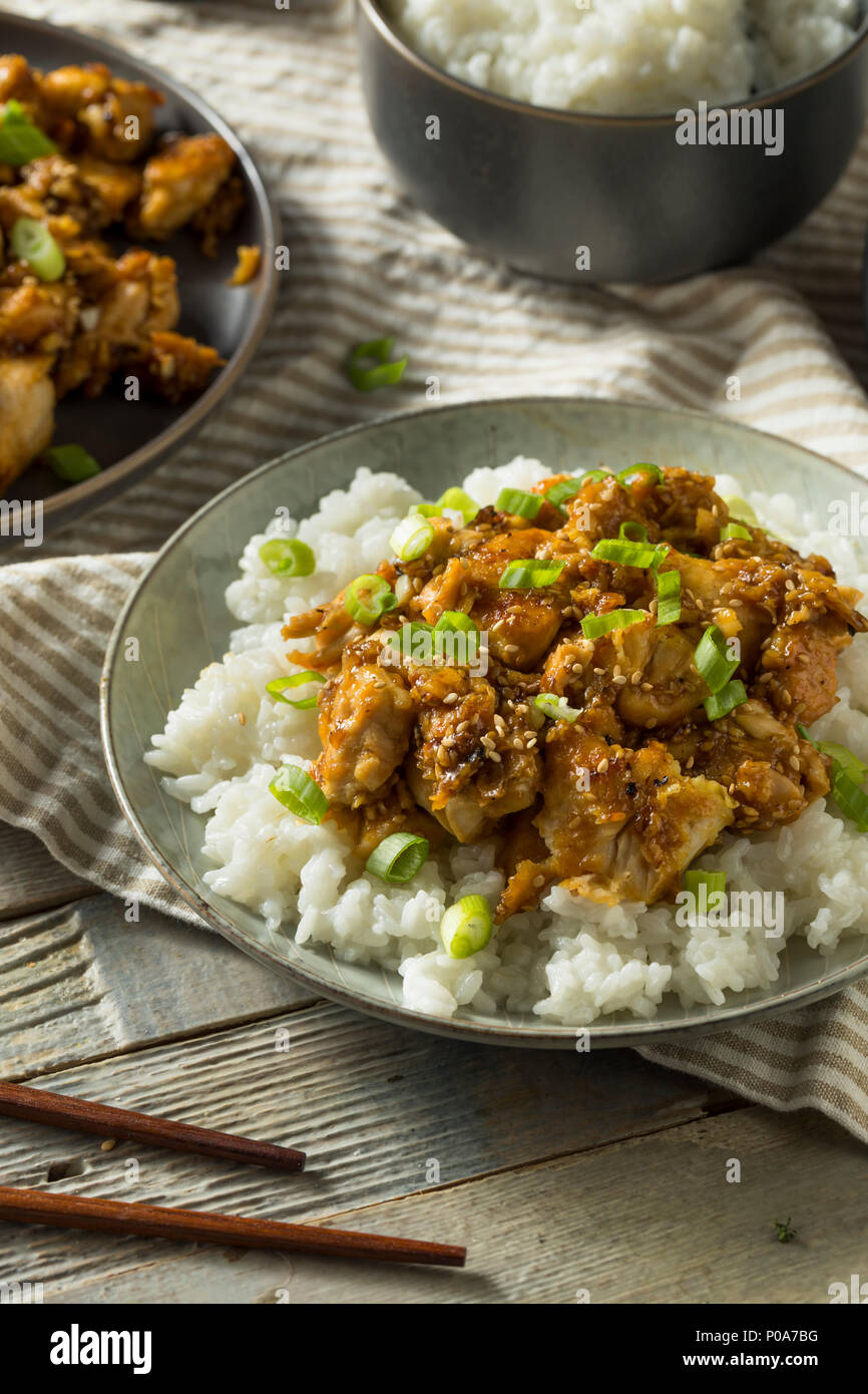 Homemade Sesame Chicken and Rice with Green Onions Stock Photo - Alamy