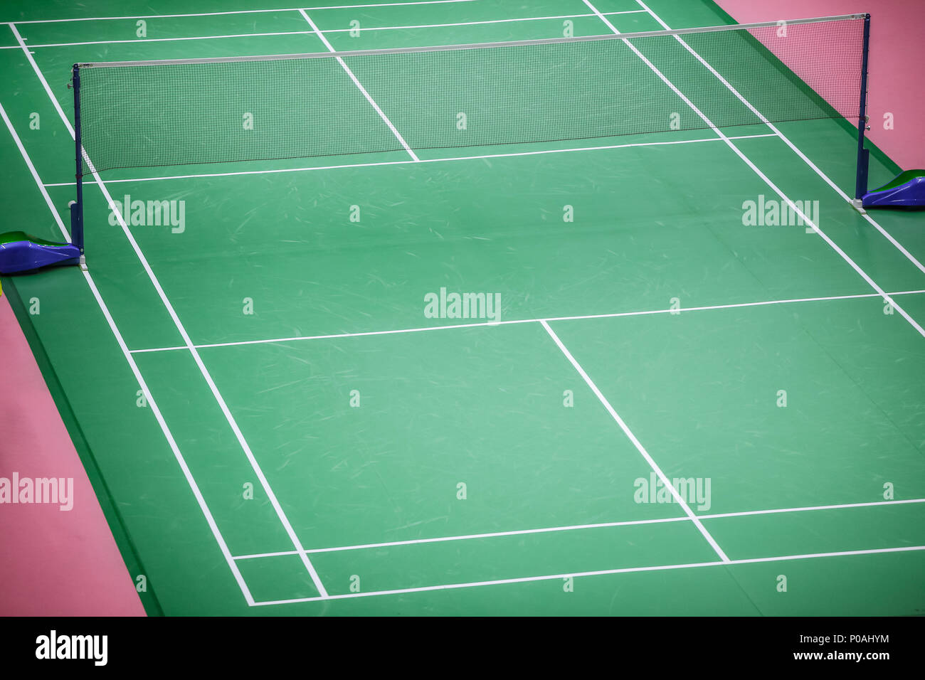 badminton court green floor standard in master tournament Stock Photo ...