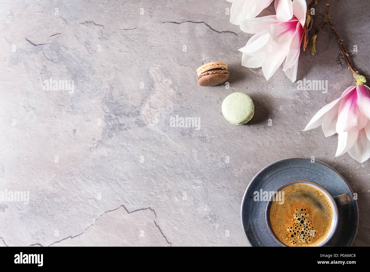 Coffee with spring flowers Stock Photo - Alamy