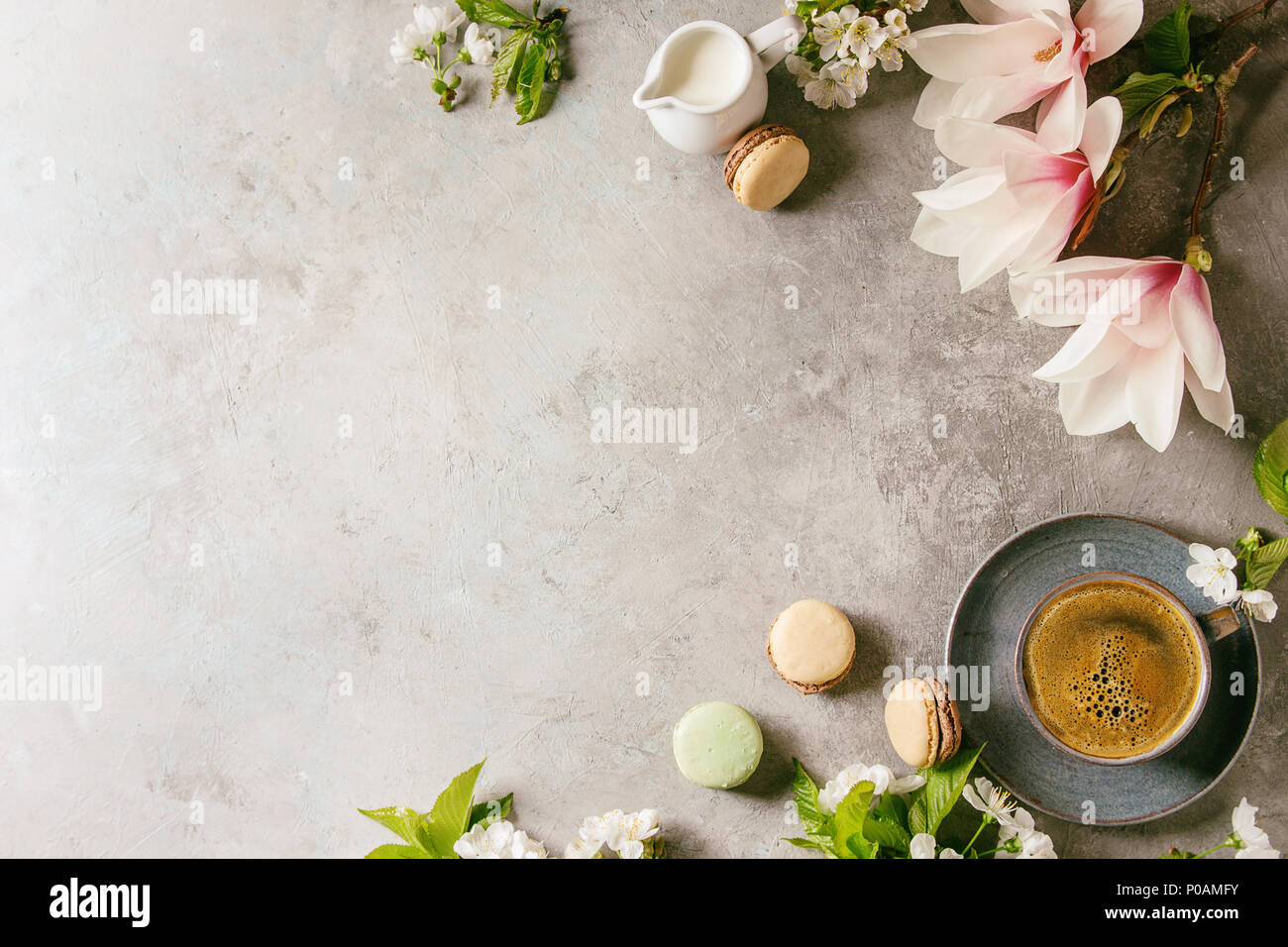 Coffee with spring flowers Stock Photo - Alamy