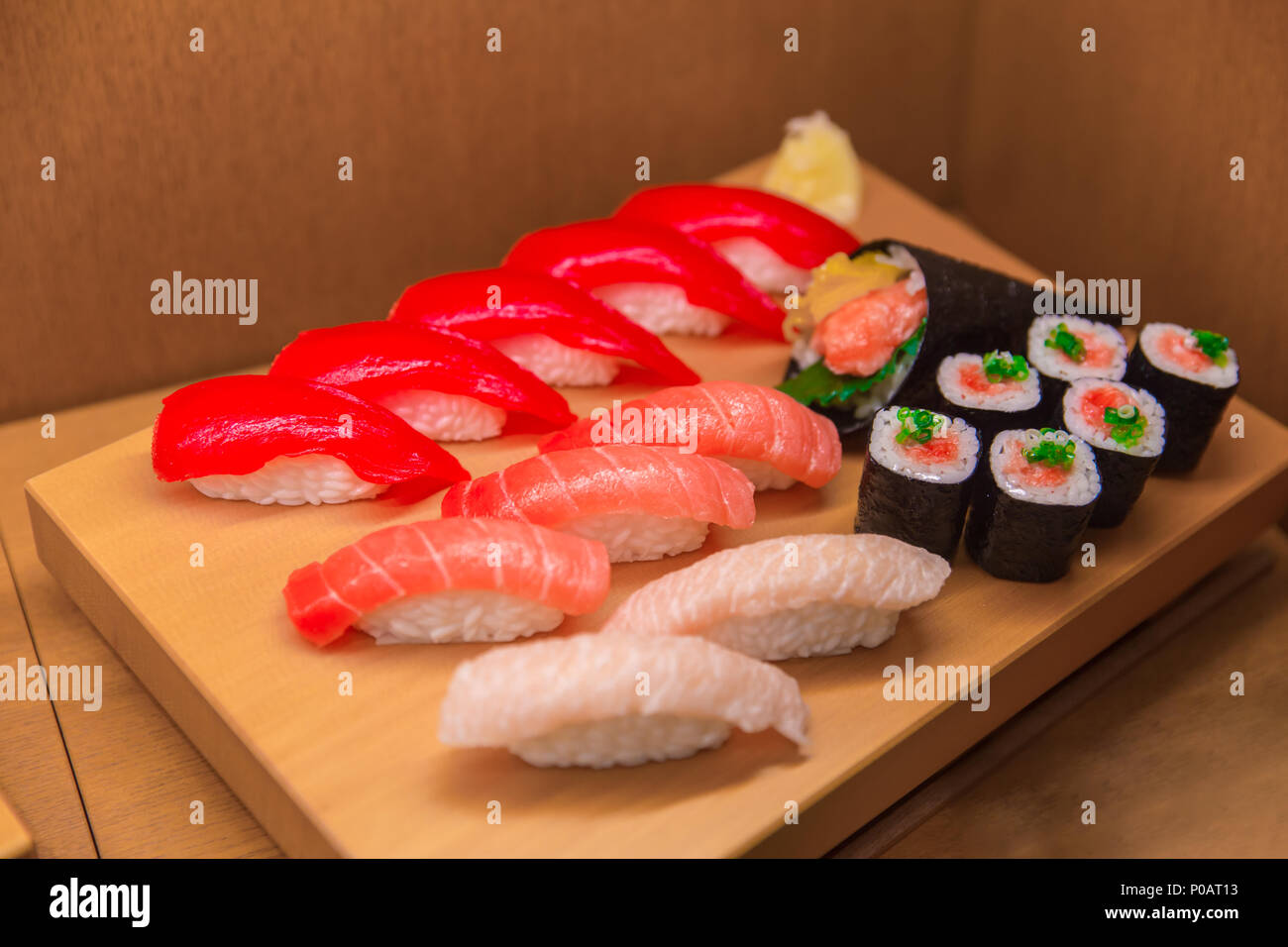 Sushi Mix Set fake of Japanese food on bamboo wood display sample in ...