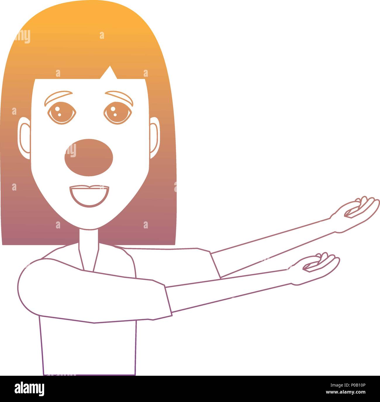 cartoon happy woman with red nose pointing to the side over white ...