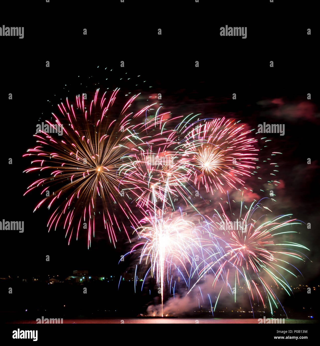 Fireworks display at Quebec City, launched from the St Lawrence River ...