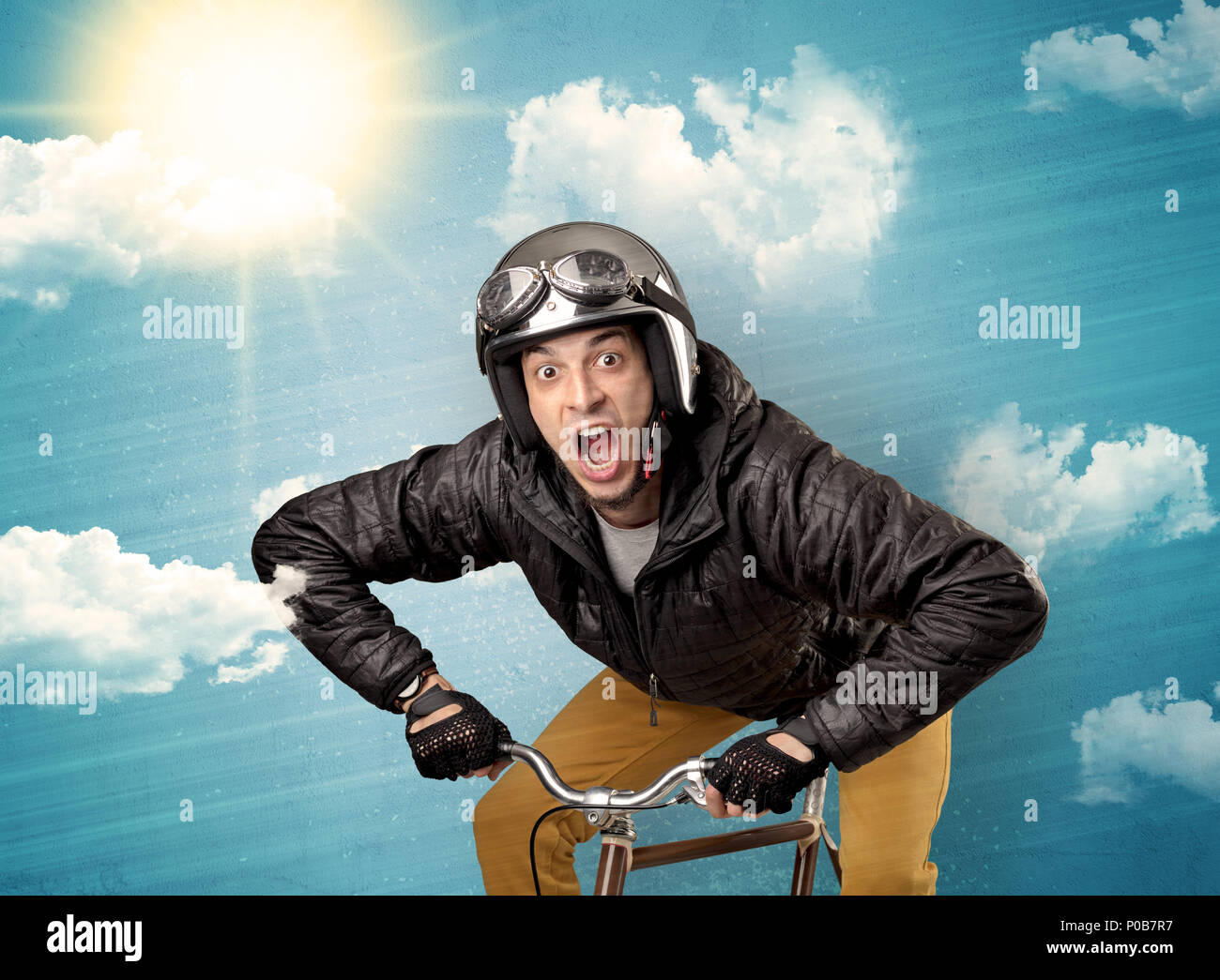 Nerd, crazy stylish rider on the bicycle with sunny weather Stock Photo ...