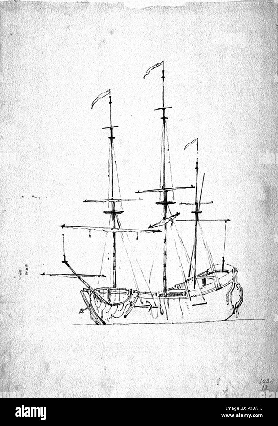 . English: An English ship at anchor Viewed from the port bow; the fore ...