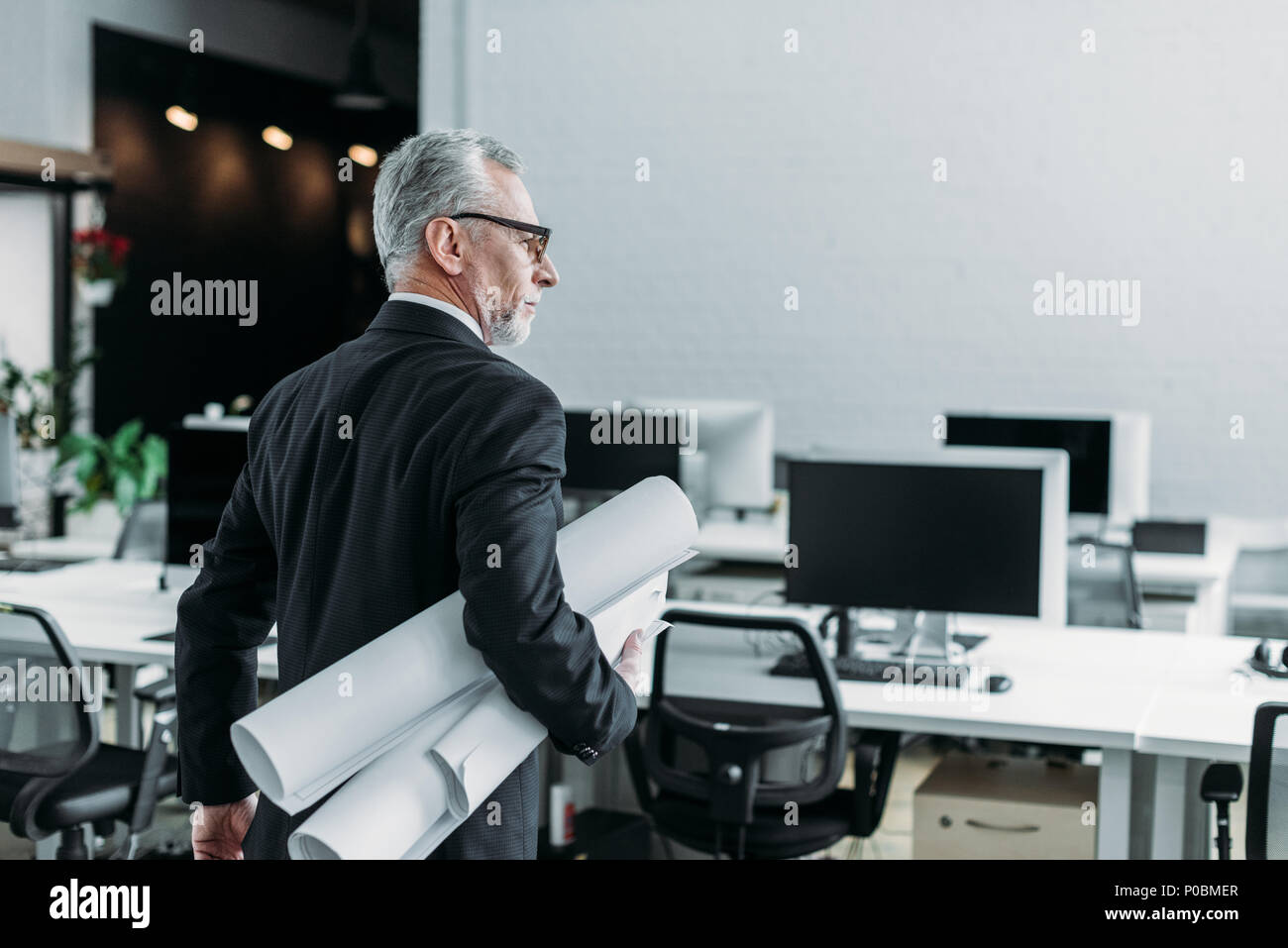 back view of senior businessman with blueprints in office Stock Photo ...