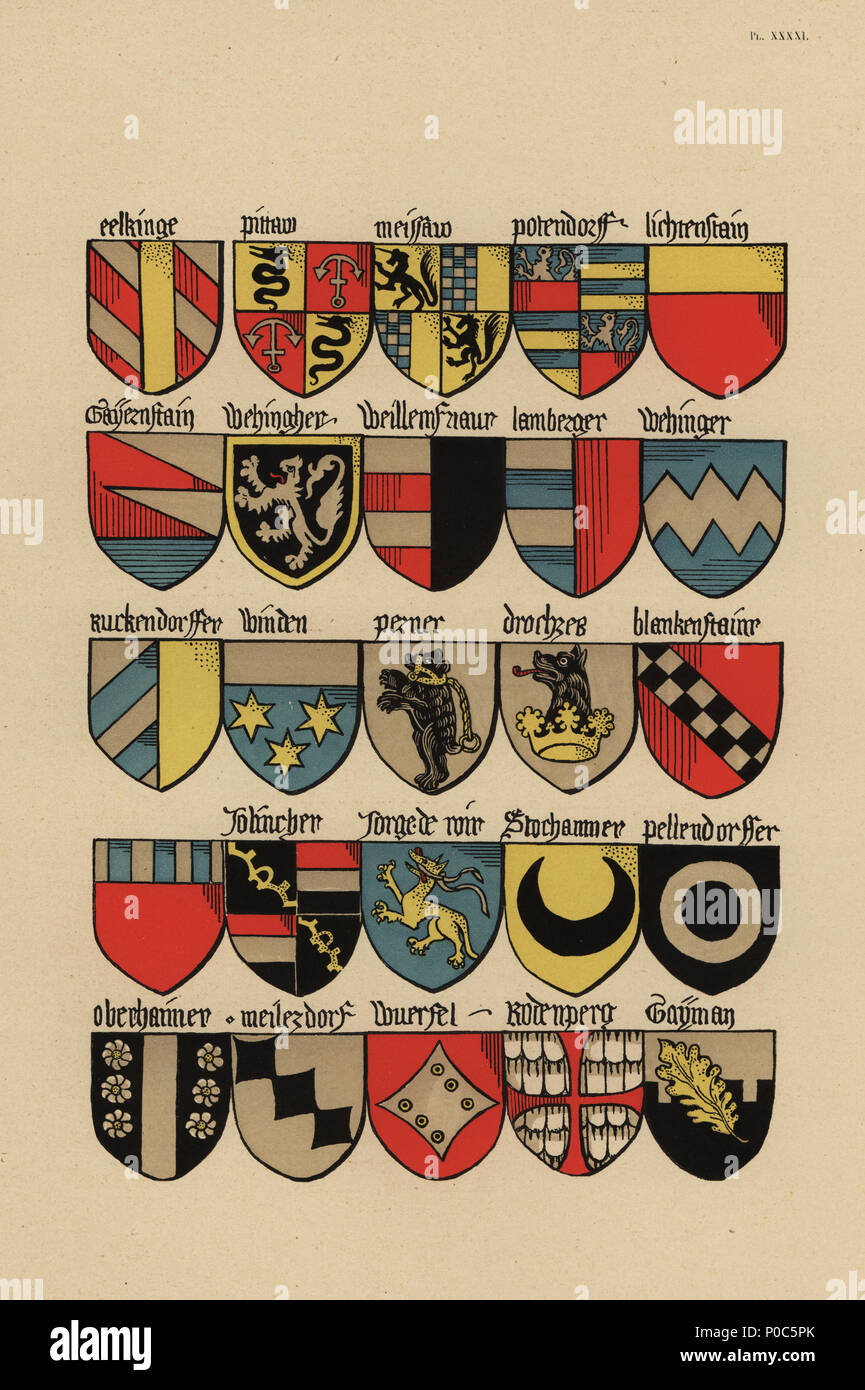 Ecus or blazons of the German nobility, 15th century. Chromolithograph ...