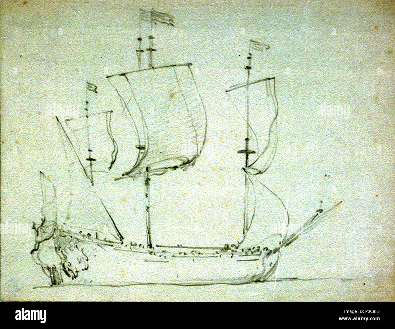 . English: An English ship with the wind abeam A rapid sketch of a ship ...