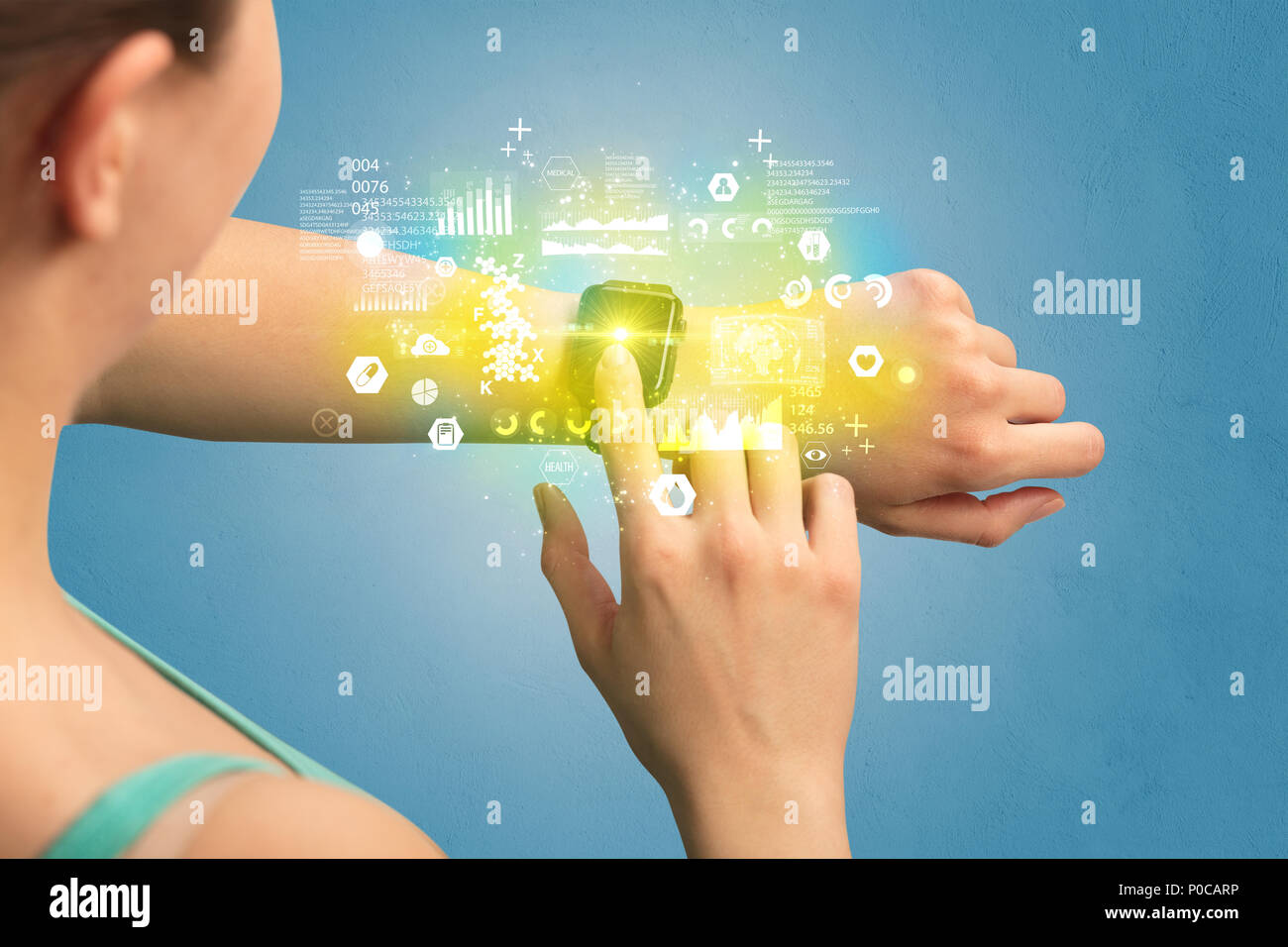 Hand with smartwatch and health medical tracker concept Stock Photo - Alamy