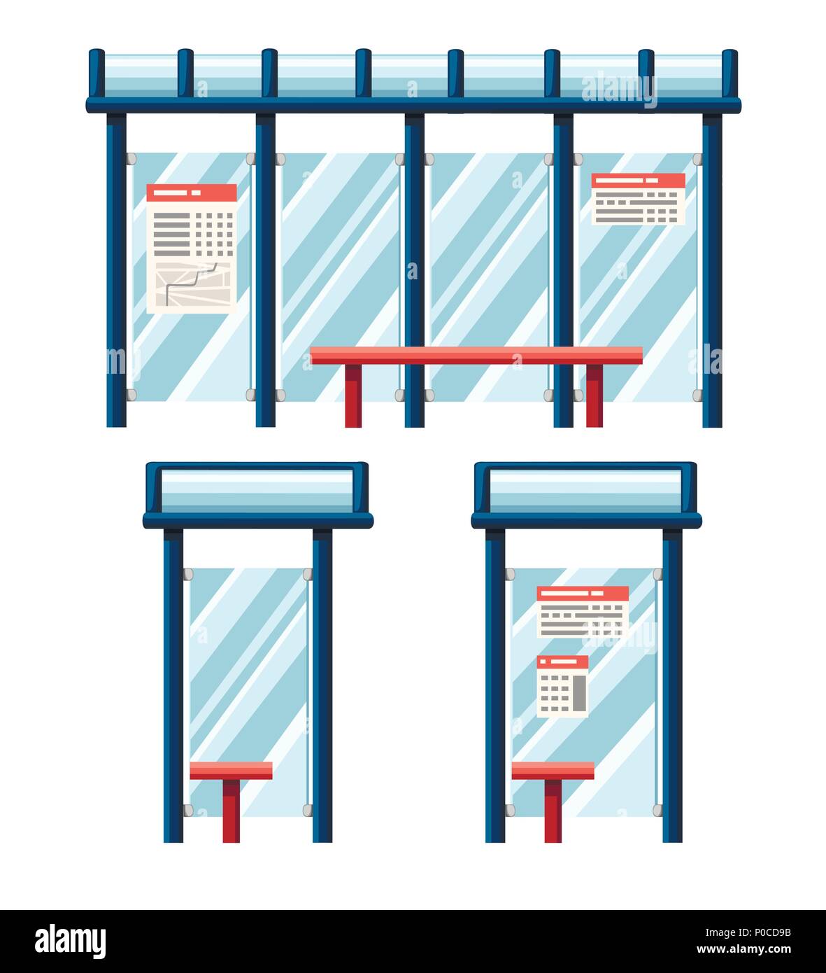 Bus stop illustration. Public transport stop with red seats and posters ...