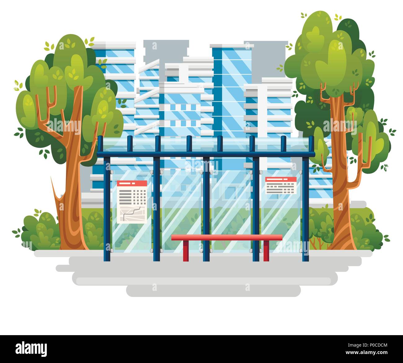 Bus stop illustration. Modern city on background. Flat design style ...