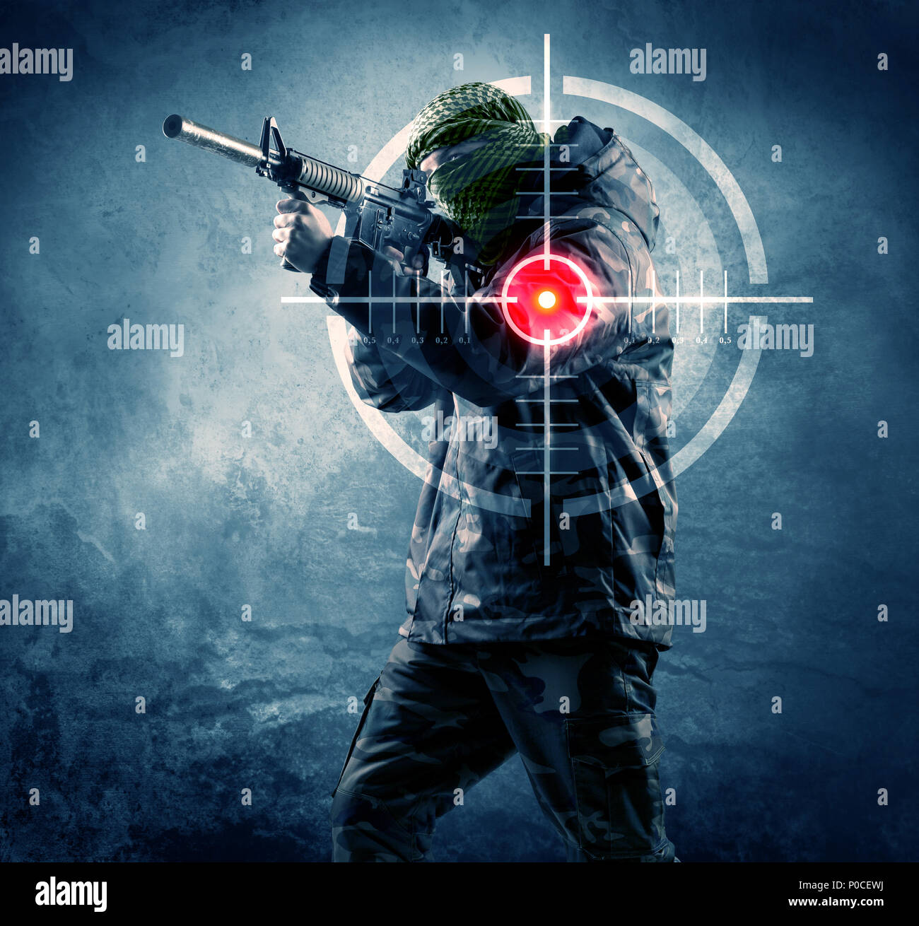 Masked terrorist man with gun and laser target on his body concept ...