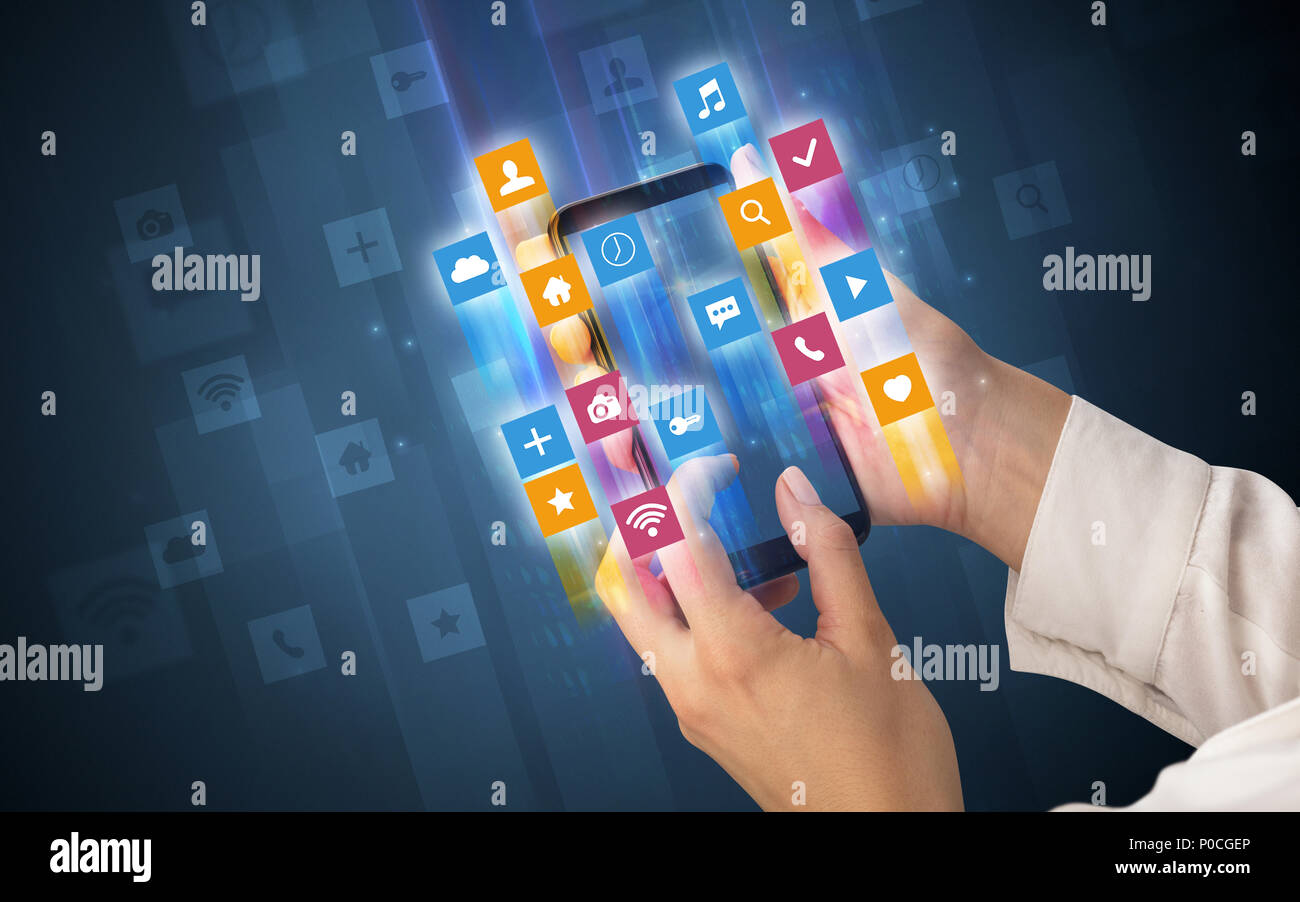 Female hand using smartphone with colorful angular fast switching application icons around Stock ...
