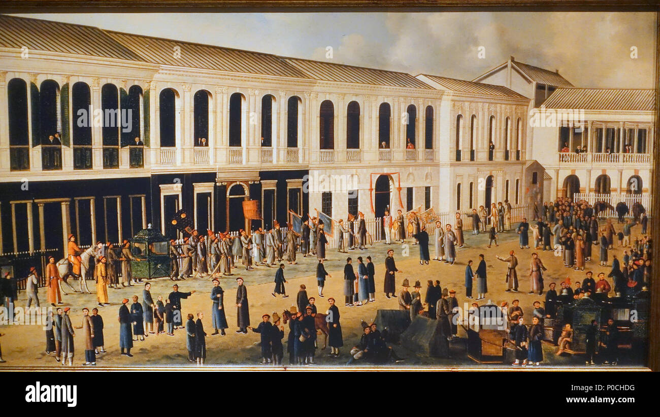 . English: A painting depicting a close view of the 13 factories of ...