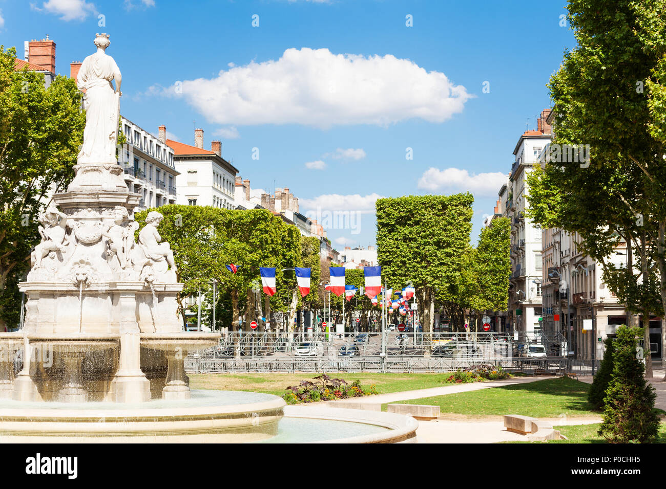 Beautiful view of Lyon city streets with fountain Morand at Place du ...