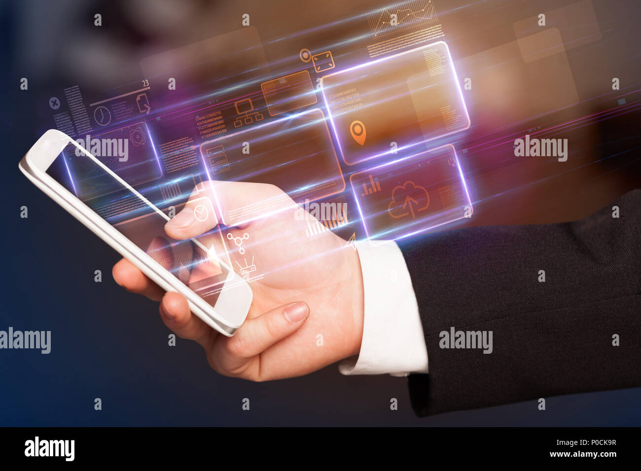 Hand using phone with database reports and online work concept Stock ...