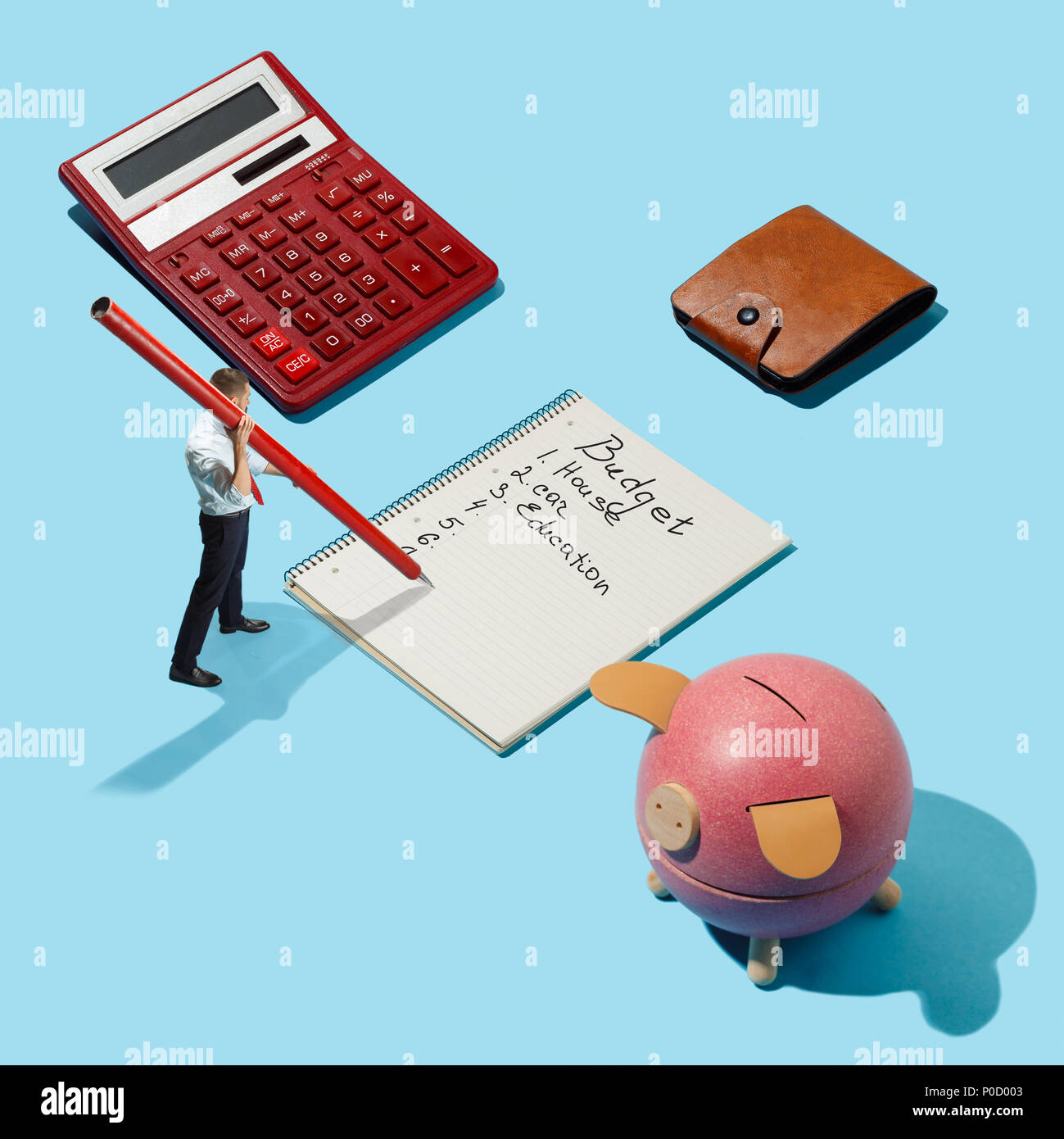 Flat isometric view of businessmen with big pen planning his budget ...