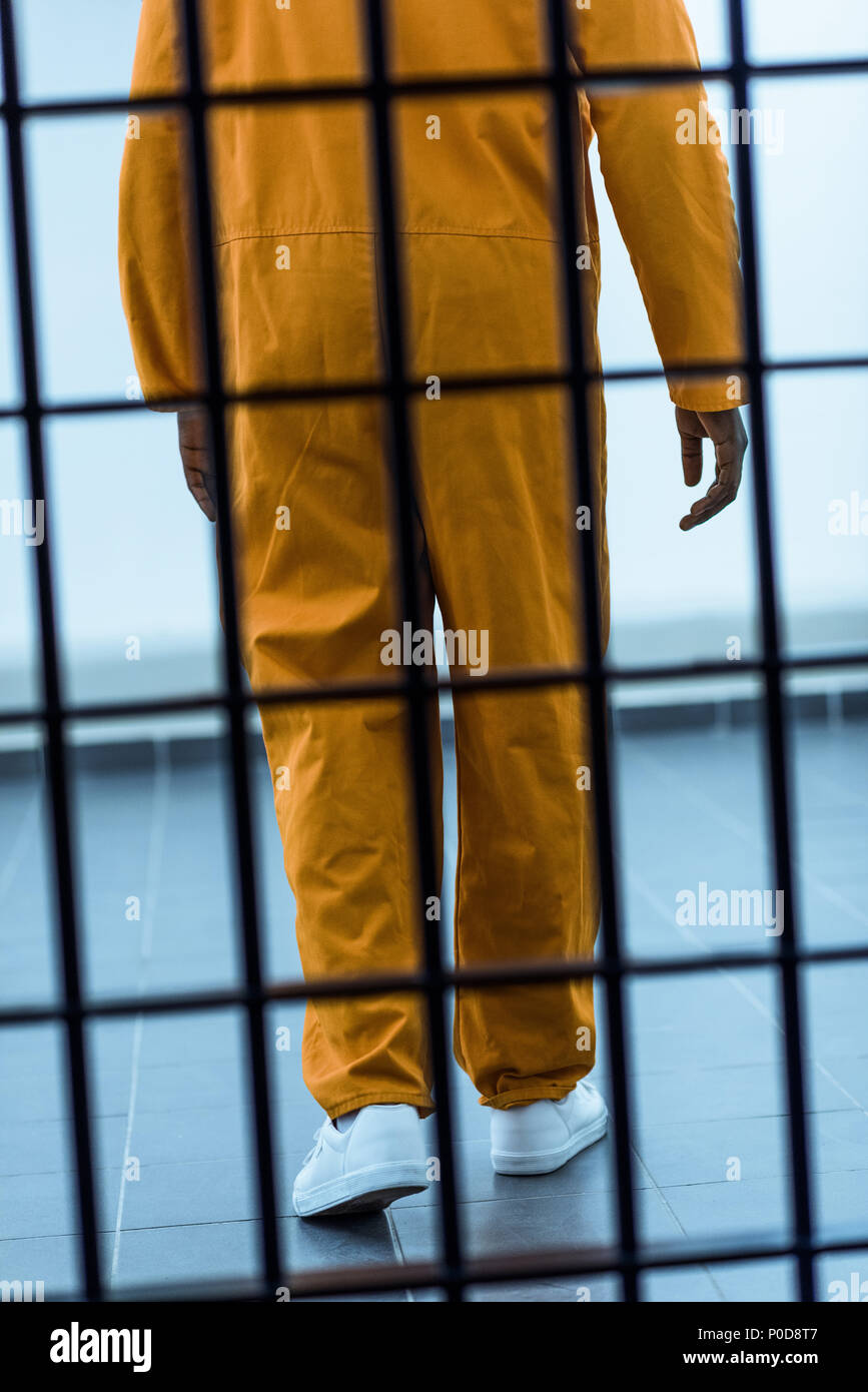 cropped image of african american prisoner behind prison bars Stock ...