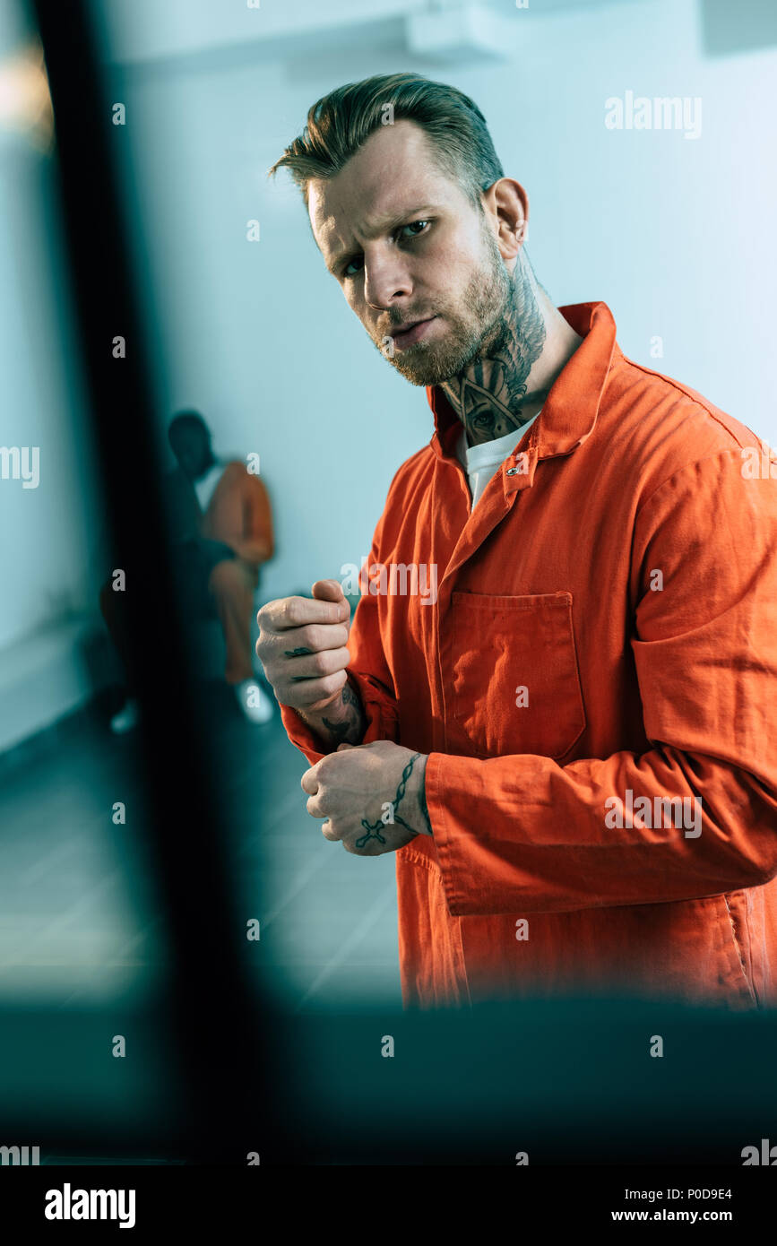 prisoner looking at camera behind prison bars Stock Photo - Alamy